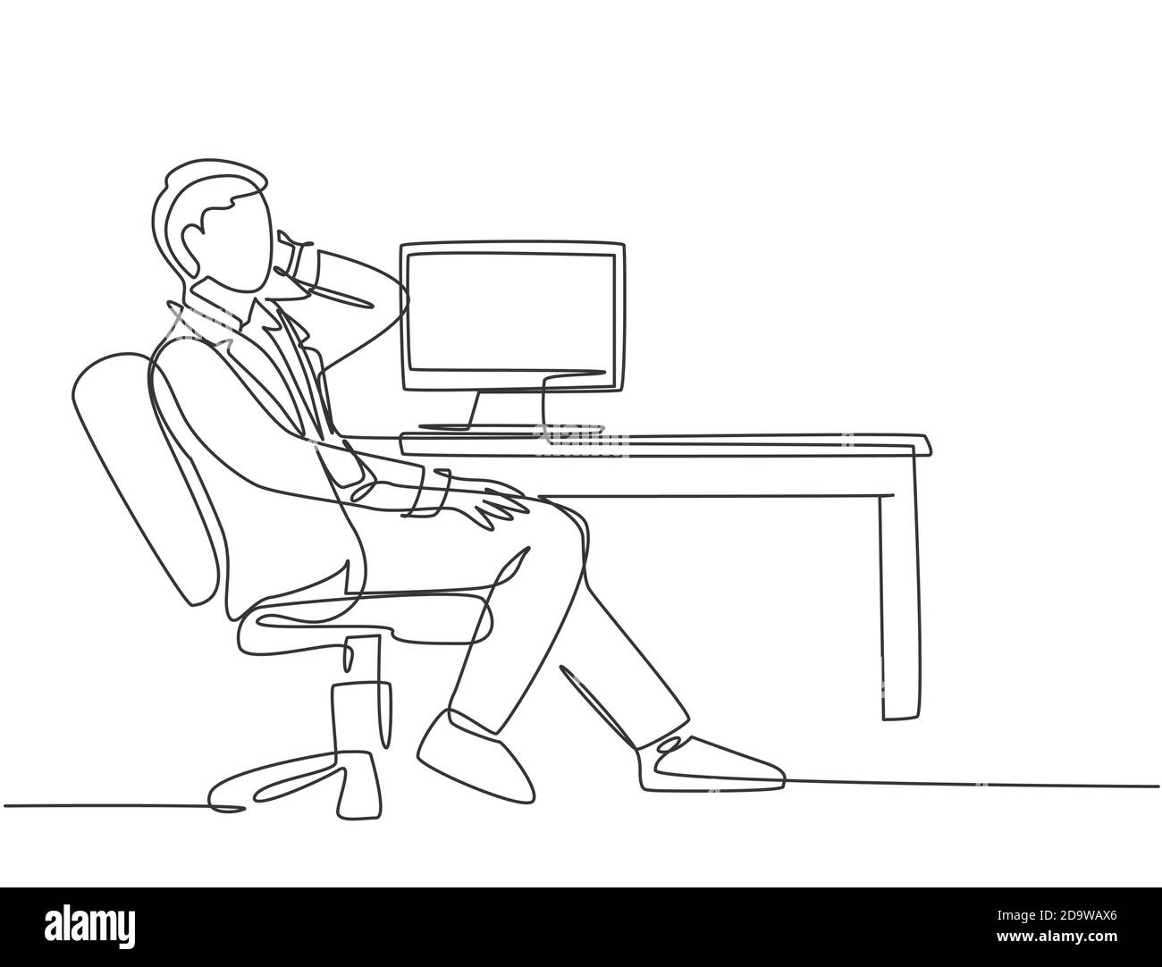 Single continuous line drawing of young male director sitting on work ...