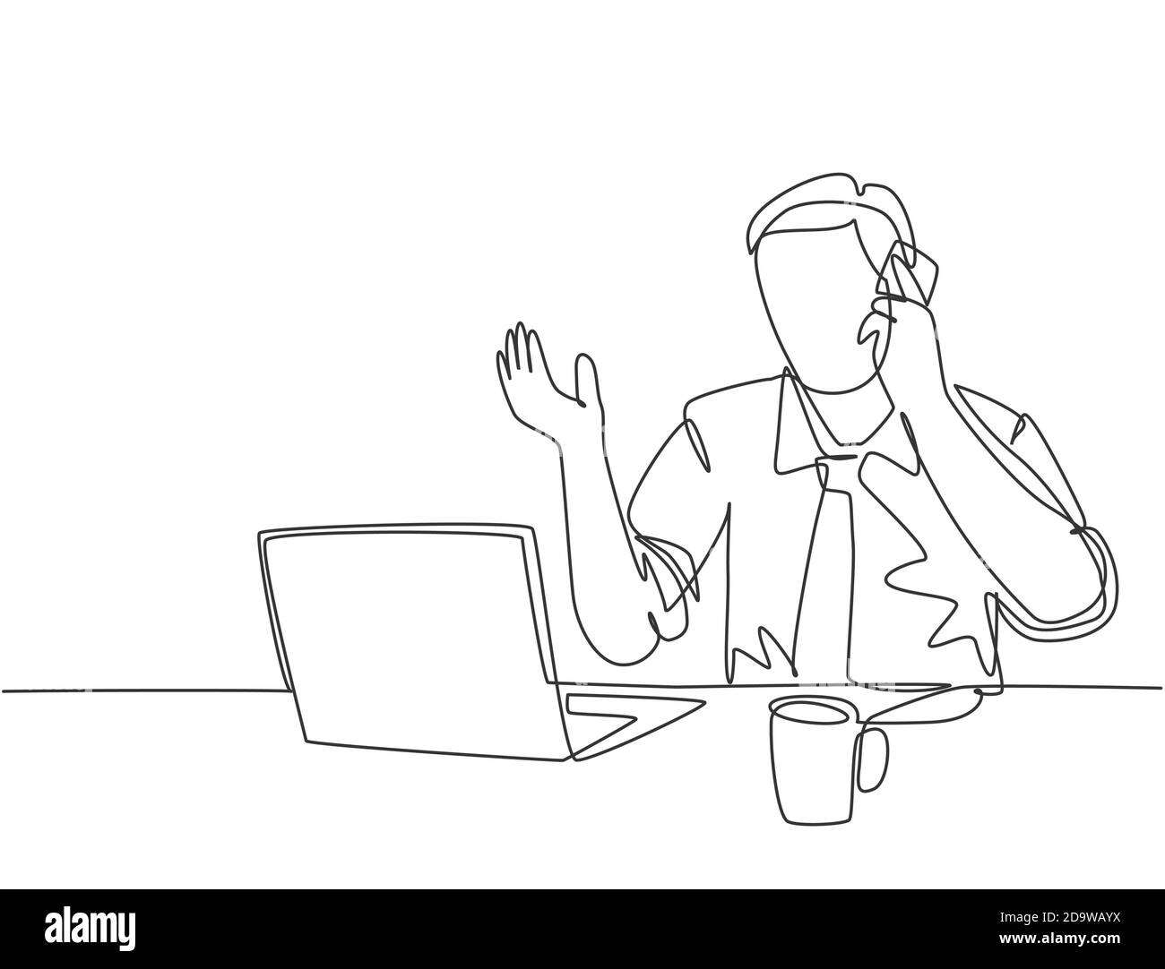 One continuous line drawing of young male manager typing on laptop and ...