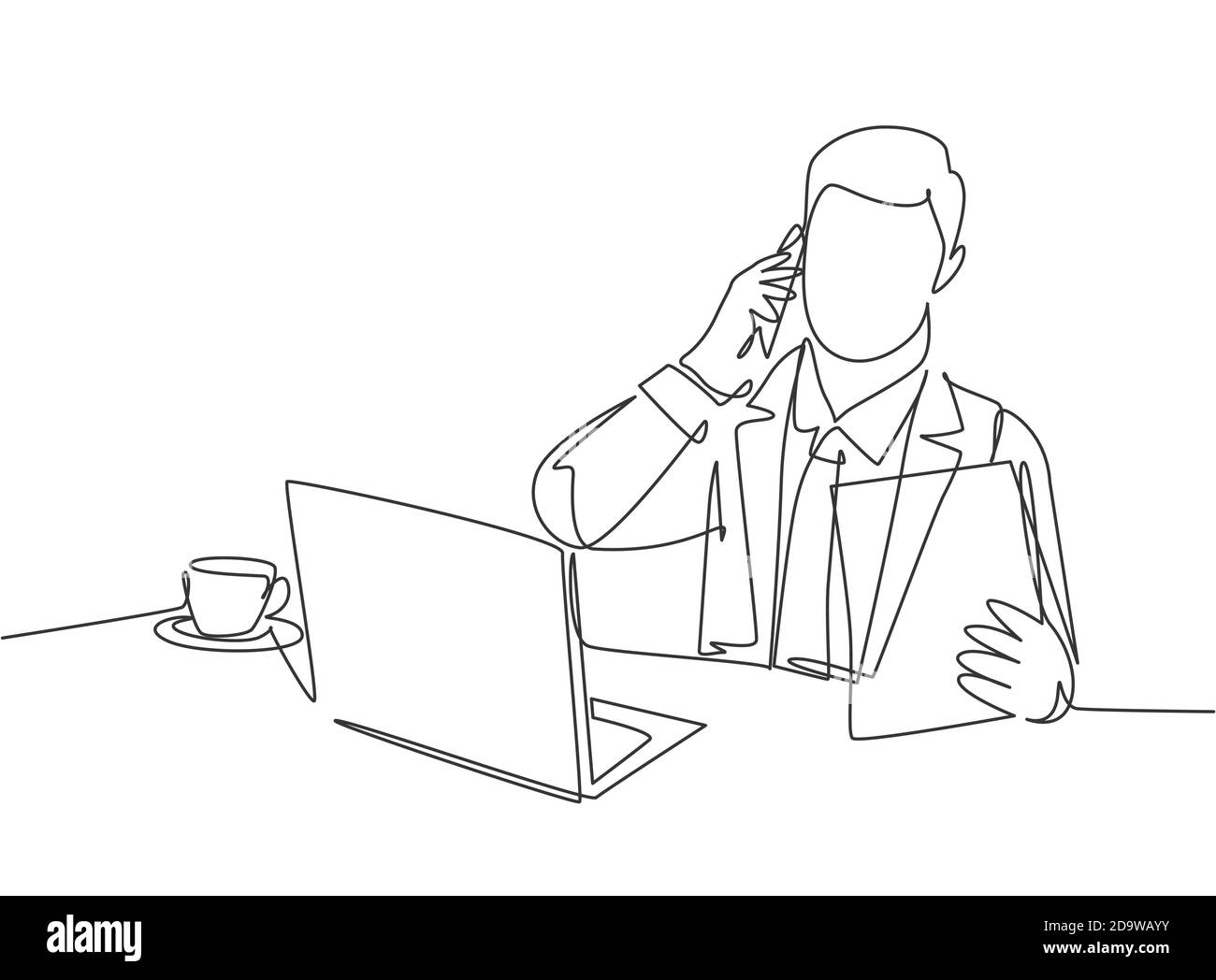 One single line drawing of young male manager reading company annual ...