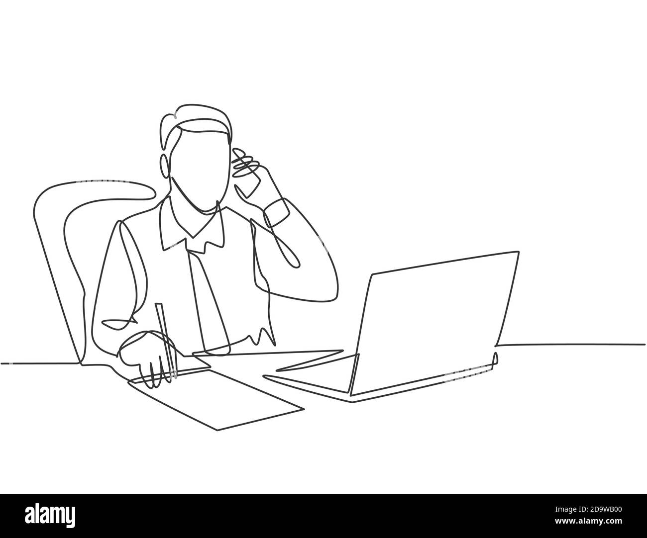 One single line drawing young male employee holding smartphone while ...
