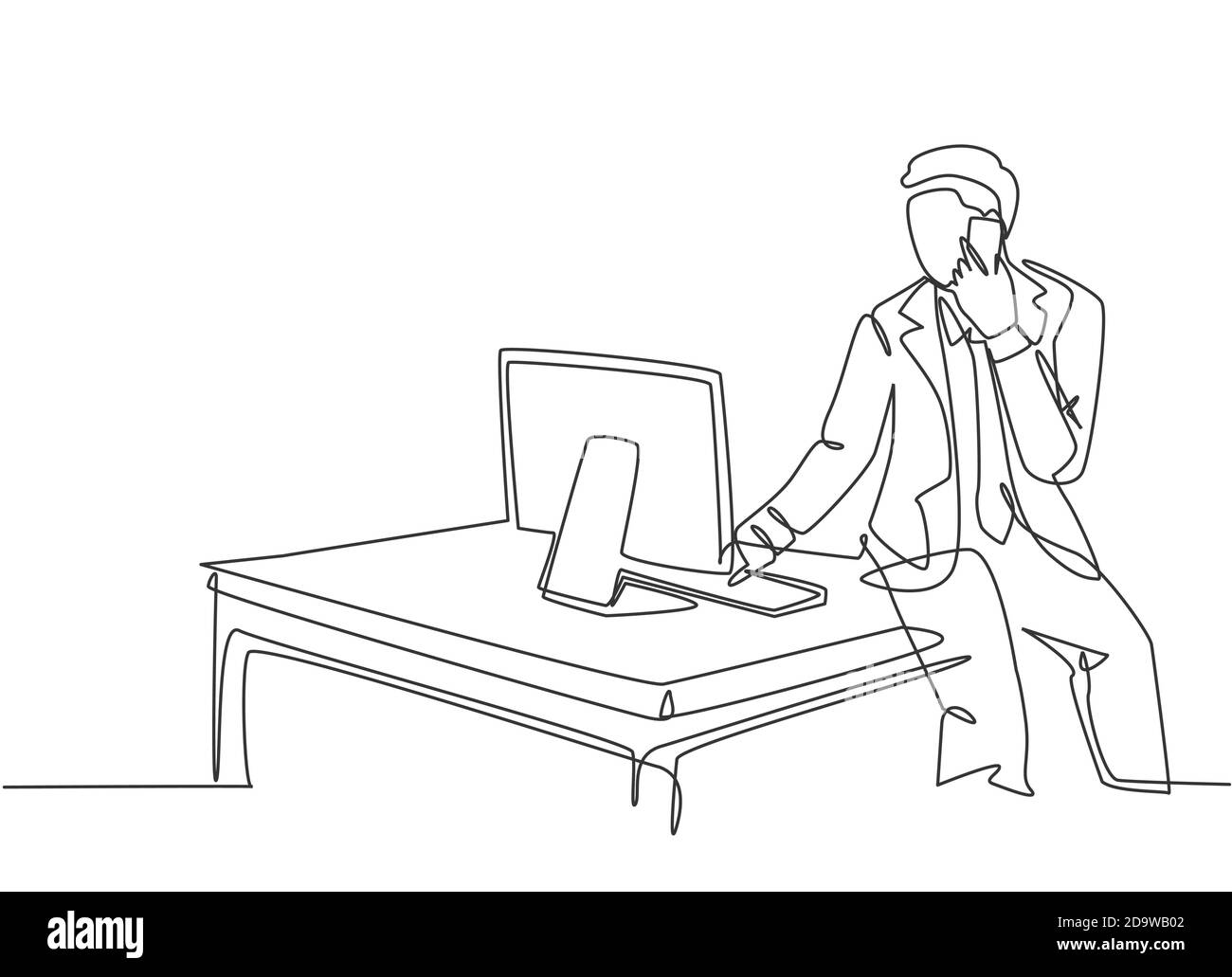 Single continuous line drawing of young business man sitting on desk ...