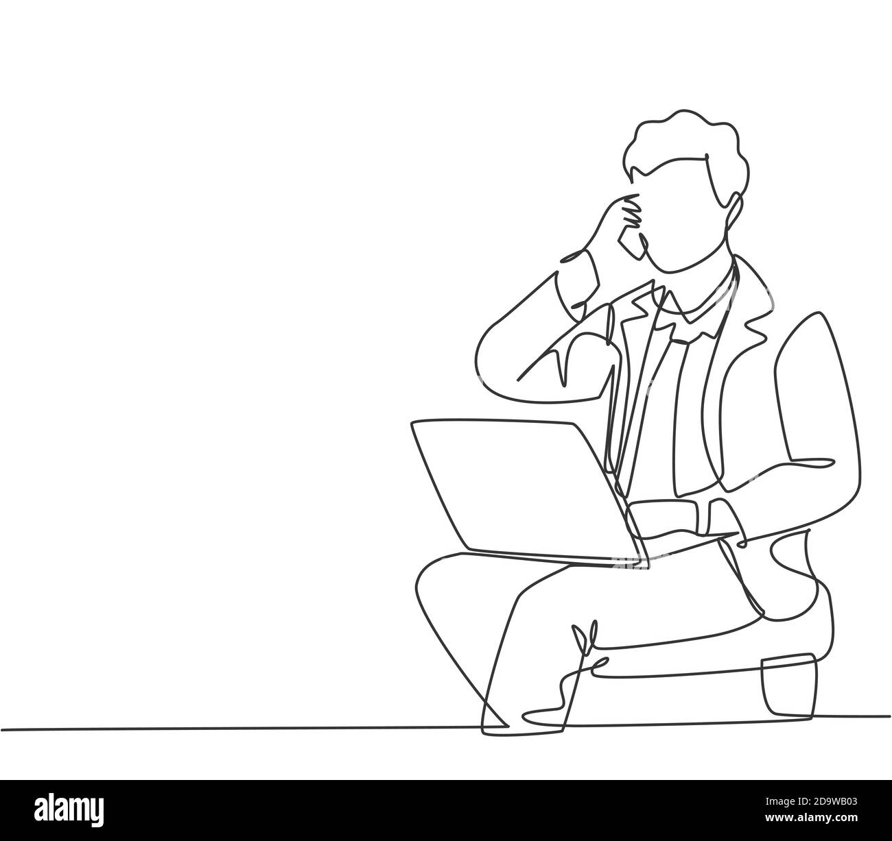 Single continuous line drawing young manager sitting and typing on ...