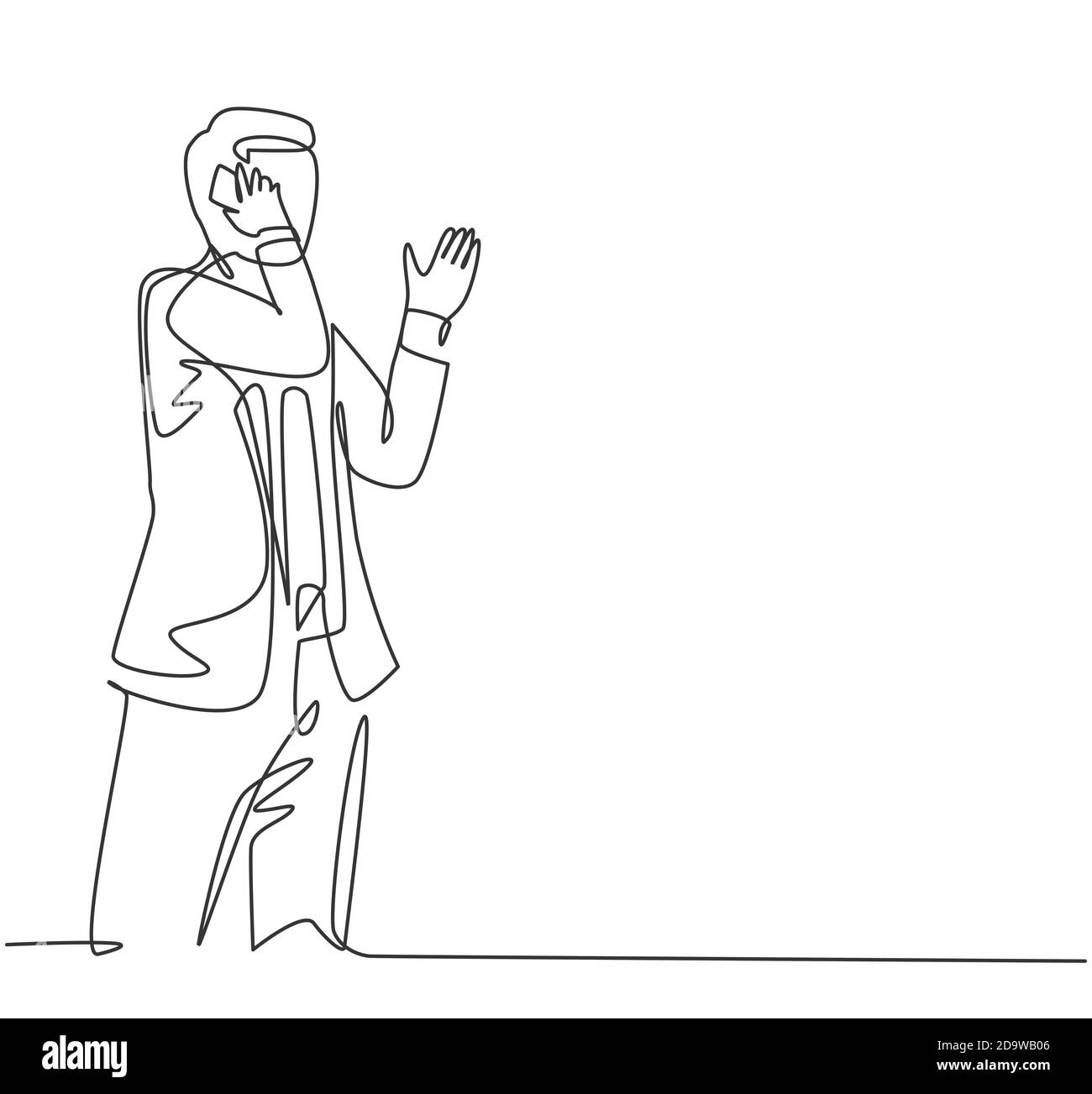 One single line drawing of young male startup CEO walking and holding a ...