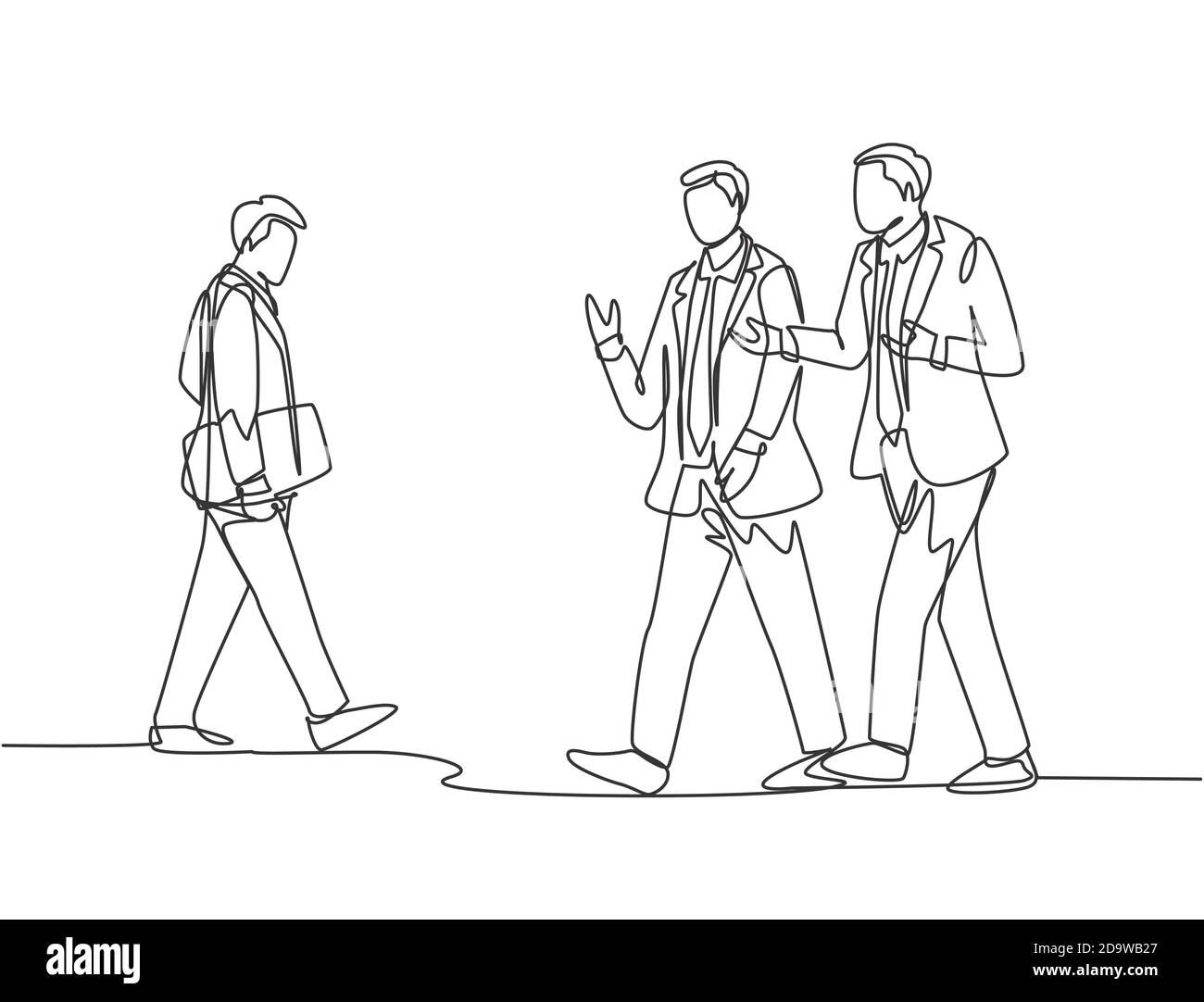 Single continuous line drawing young happy business men talking to his ...