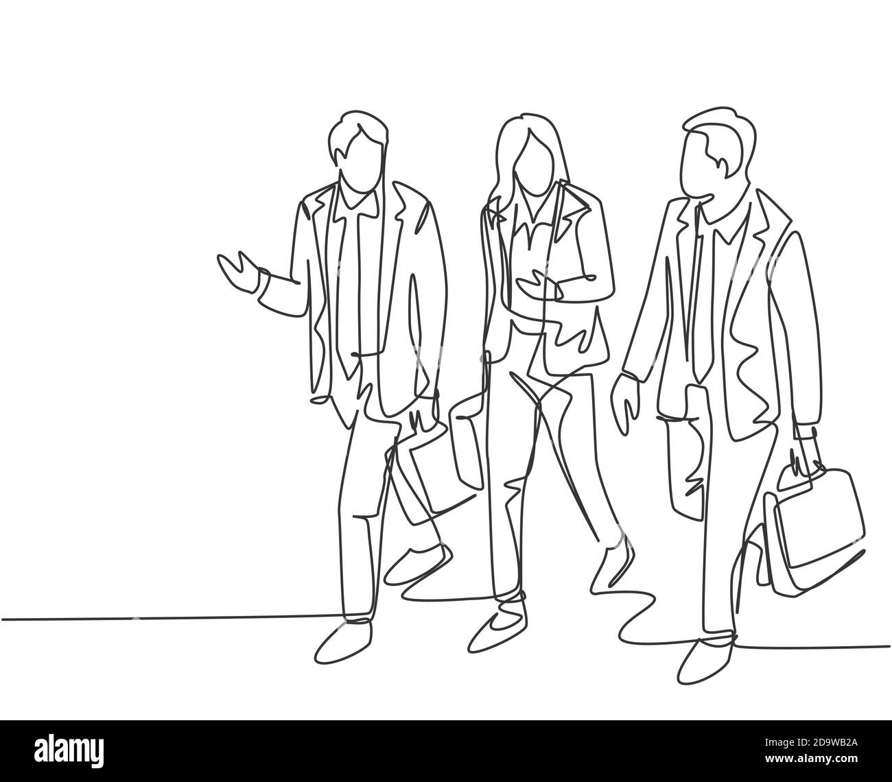 One continuous line drawing of young male and female managers talking ...