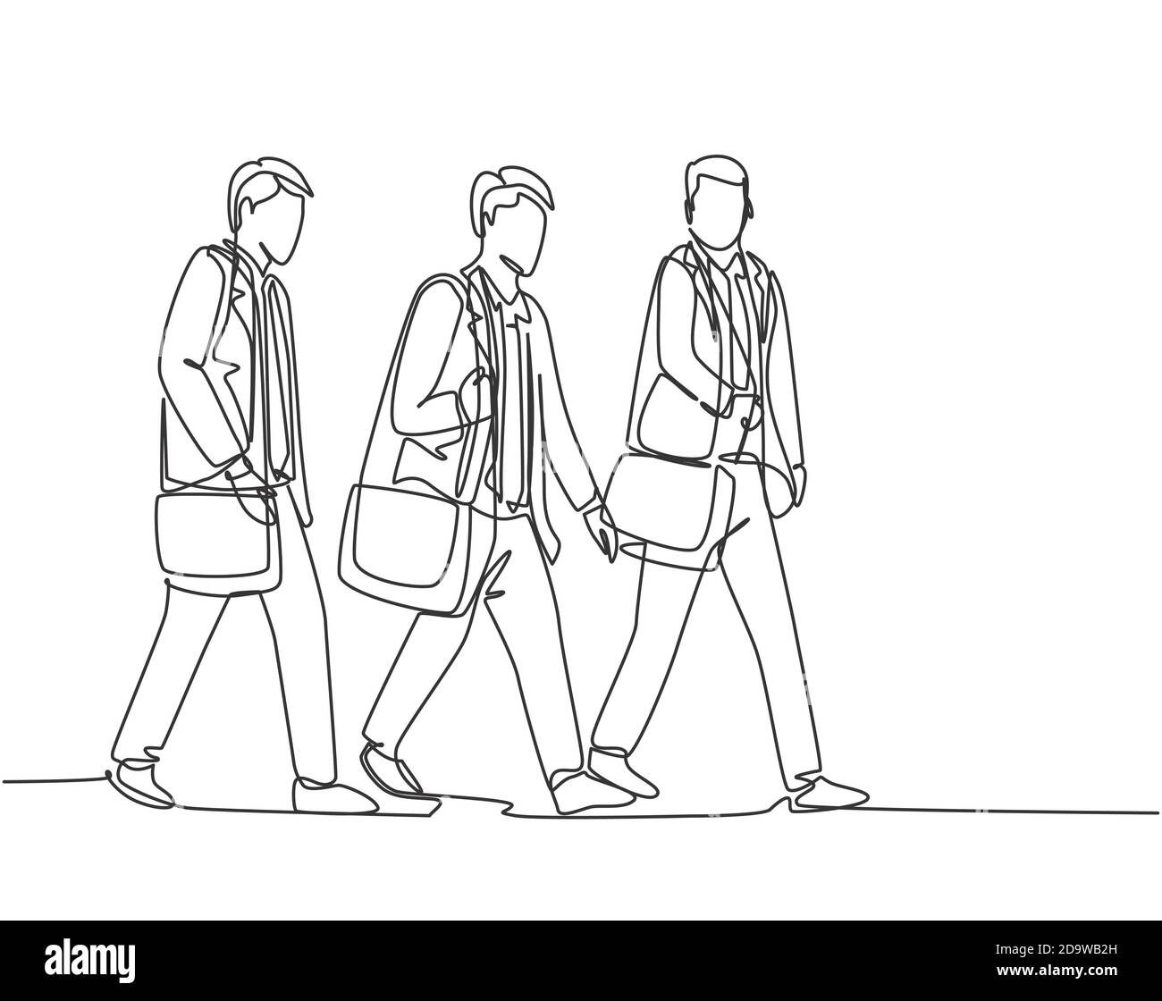 Single continuous line drawing of young male employees talking and ...