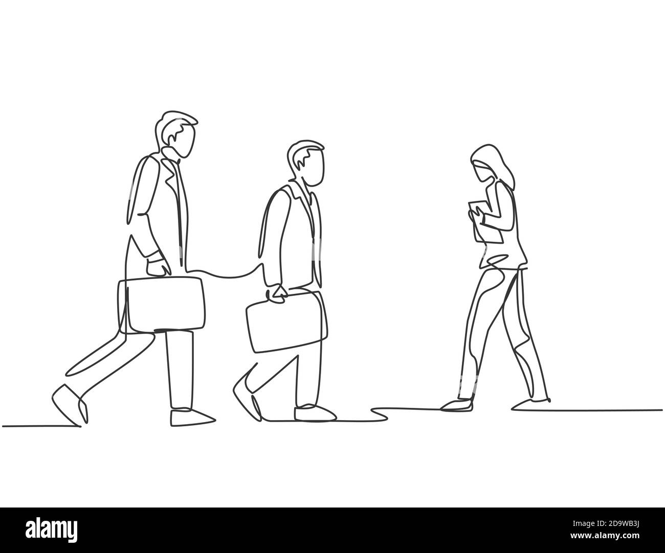 Single continuous line drawing group urban commuters walking pass over ...