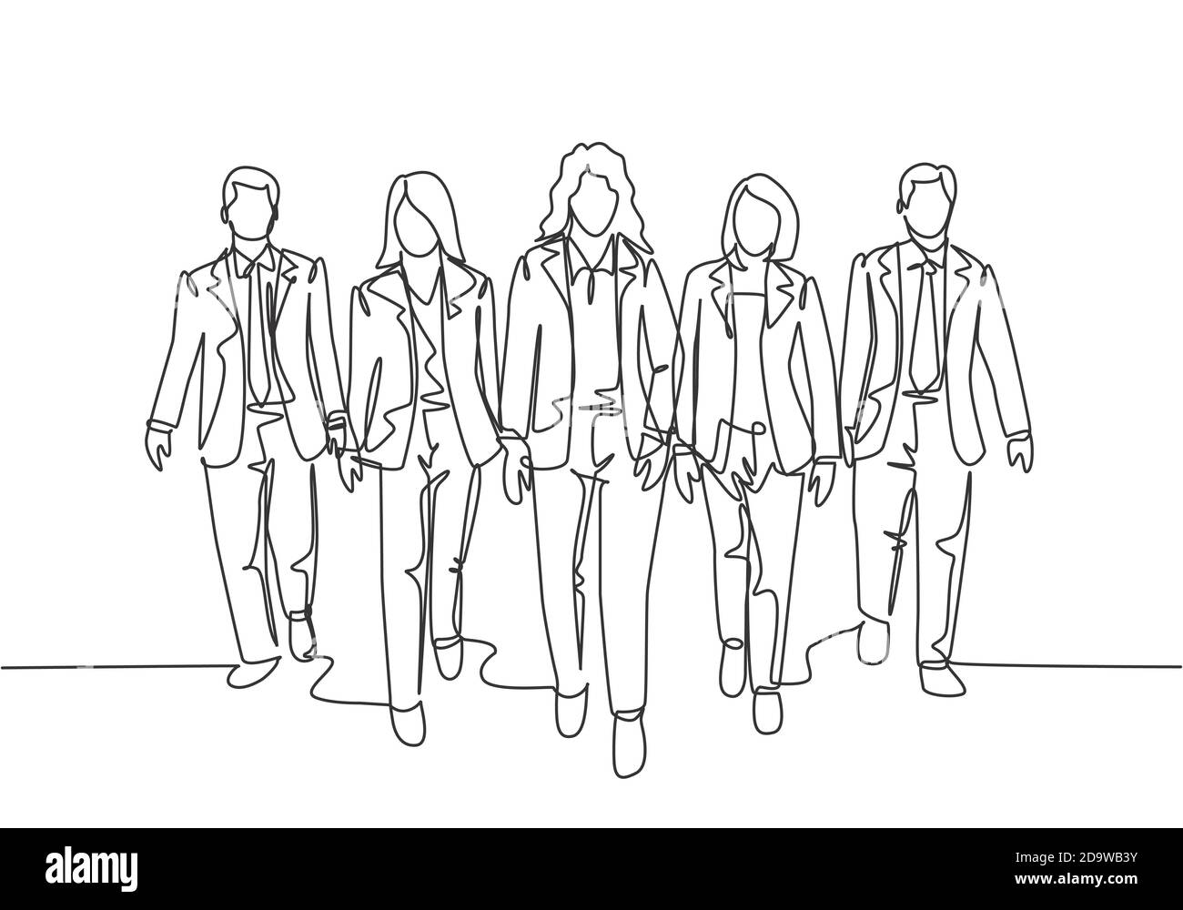 One continuous line drawing of young male and female workers walking ...
