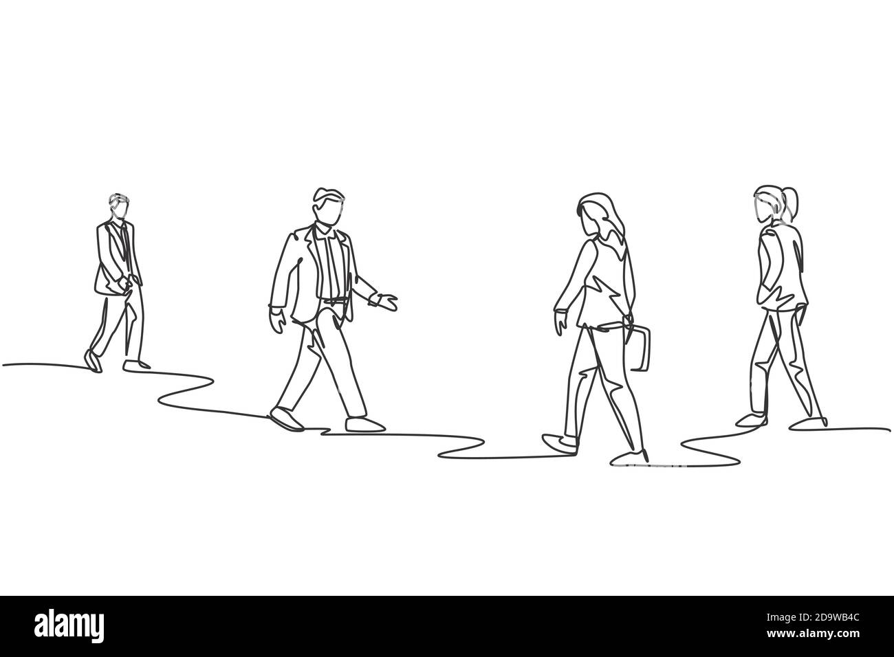 Single continuous line drawing of group urban commuters walking pass ...
