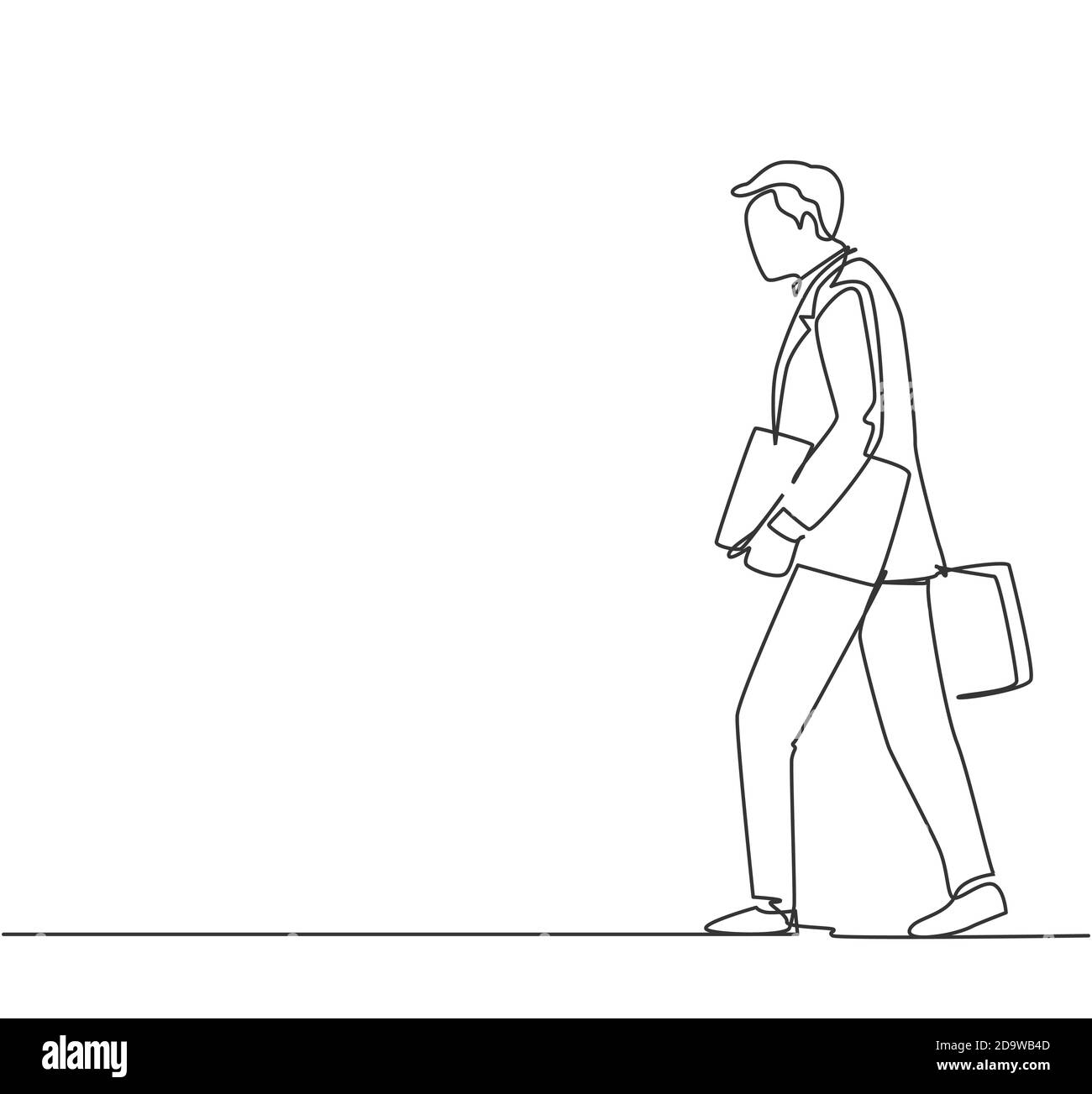 One single line drawing of young male worker walking hurry on city ...