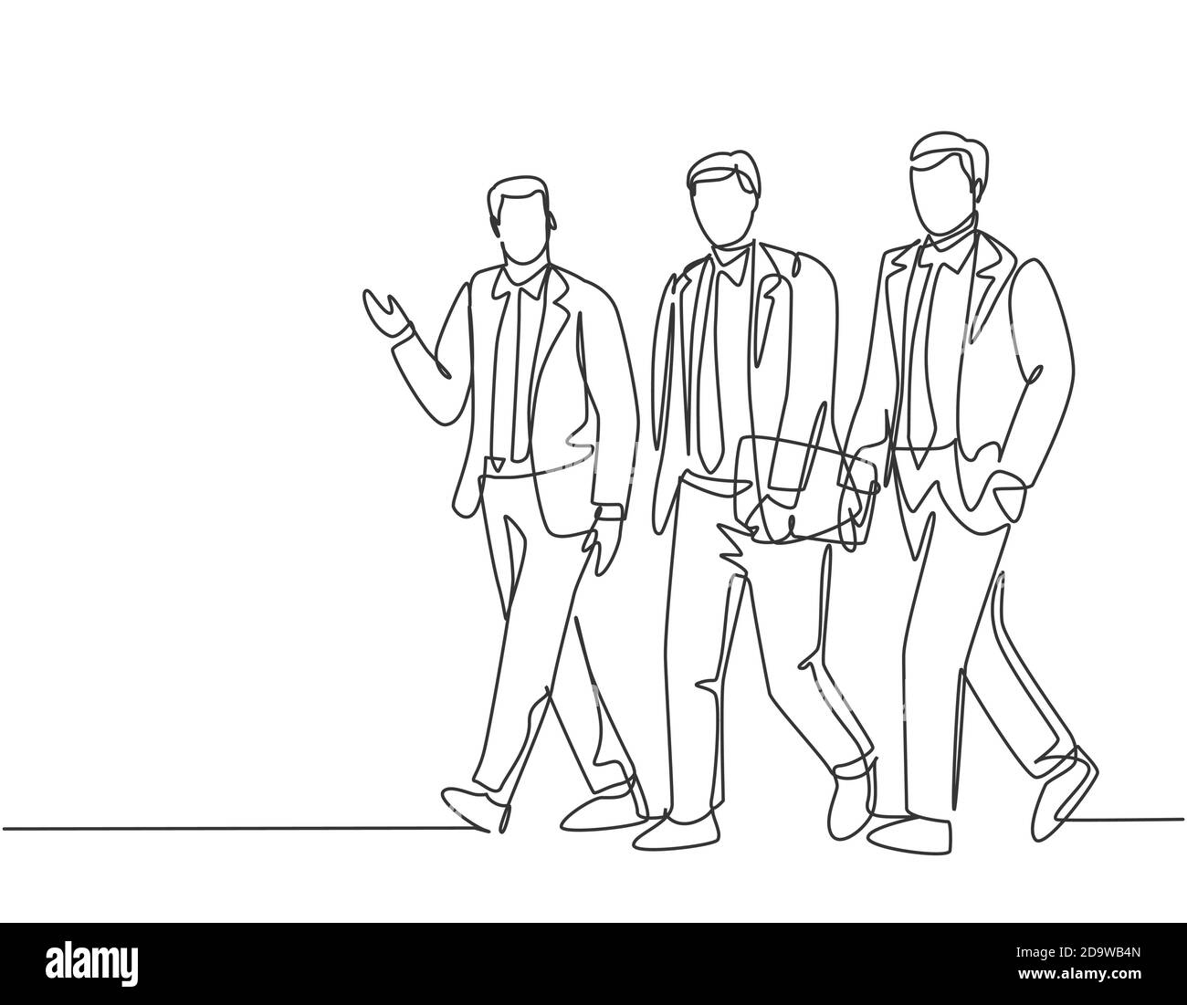 One continuous line drawing of young happy businessmen walking together ...