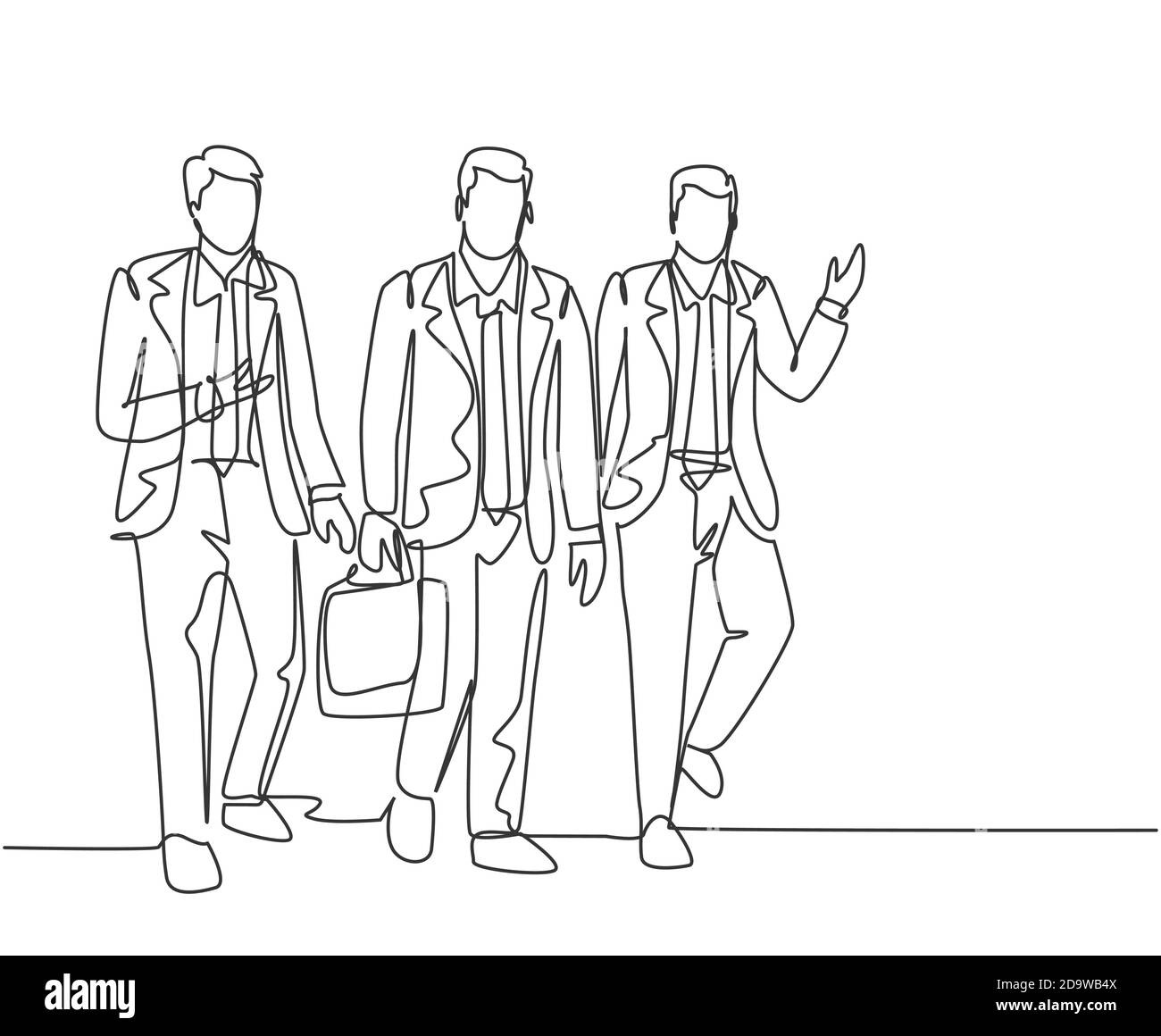 One continuous line drawing of young happy male sales managers walking ...