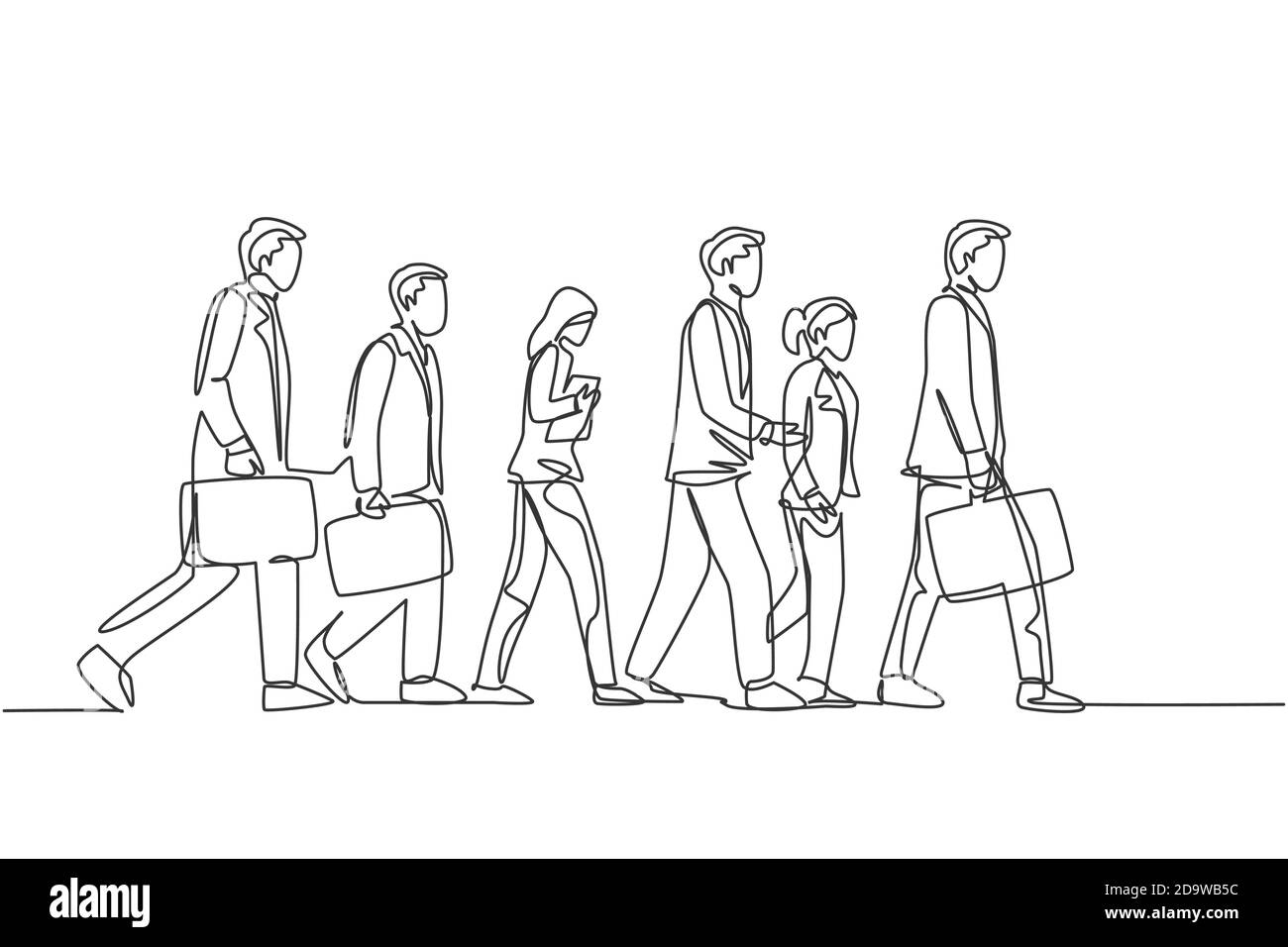 One continuous line drawing of group urban male and female commuters ...