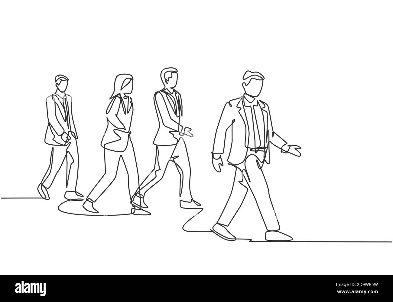 One continuous line drawing of group male and female urban commuters ...