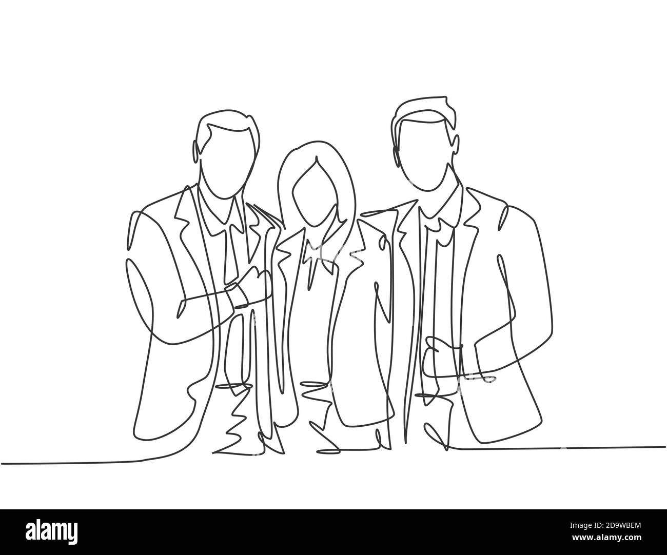 One continuous line drawing of young happy male and female manager ...