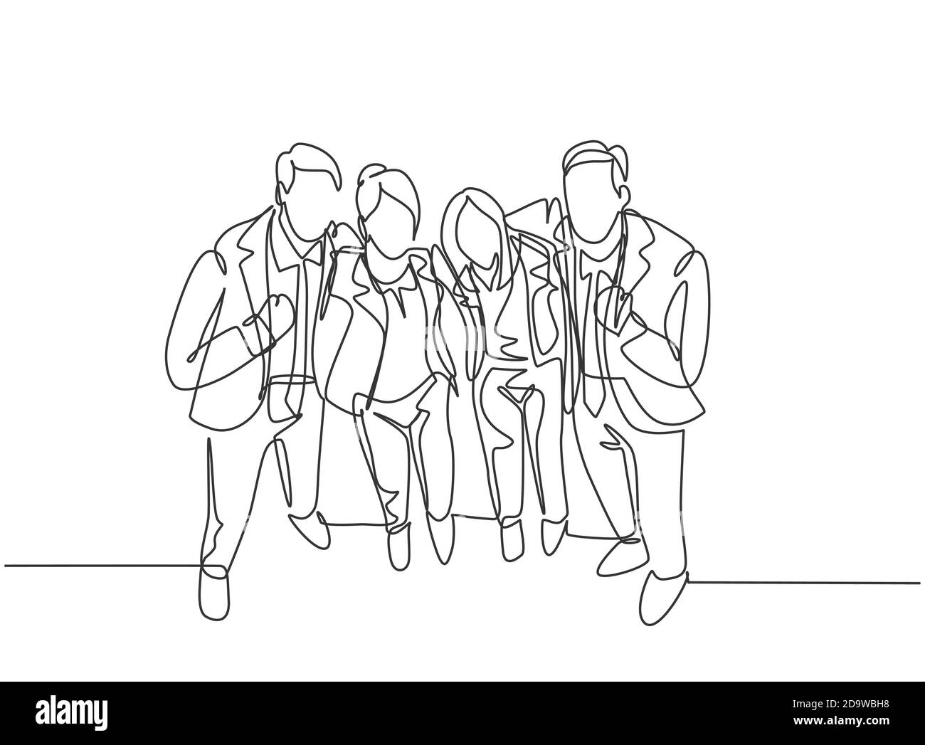 One continuous line drawing of young happy male and female employees ...