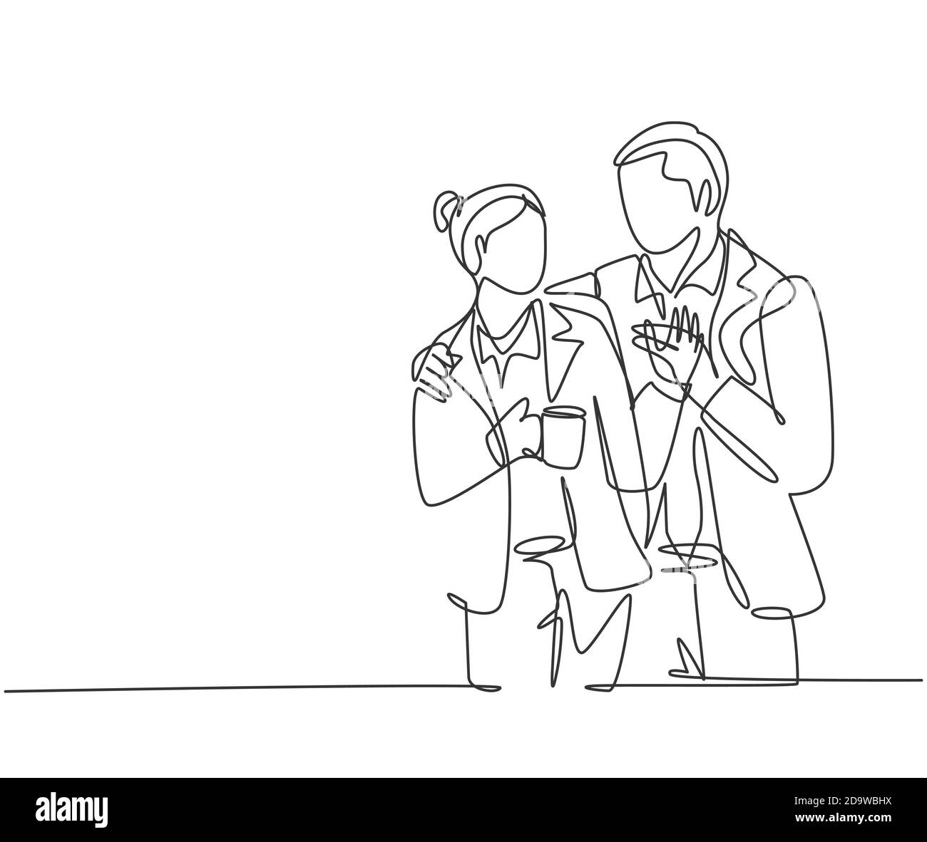 Single continuous line drawing of young happy romantic couple worker ...