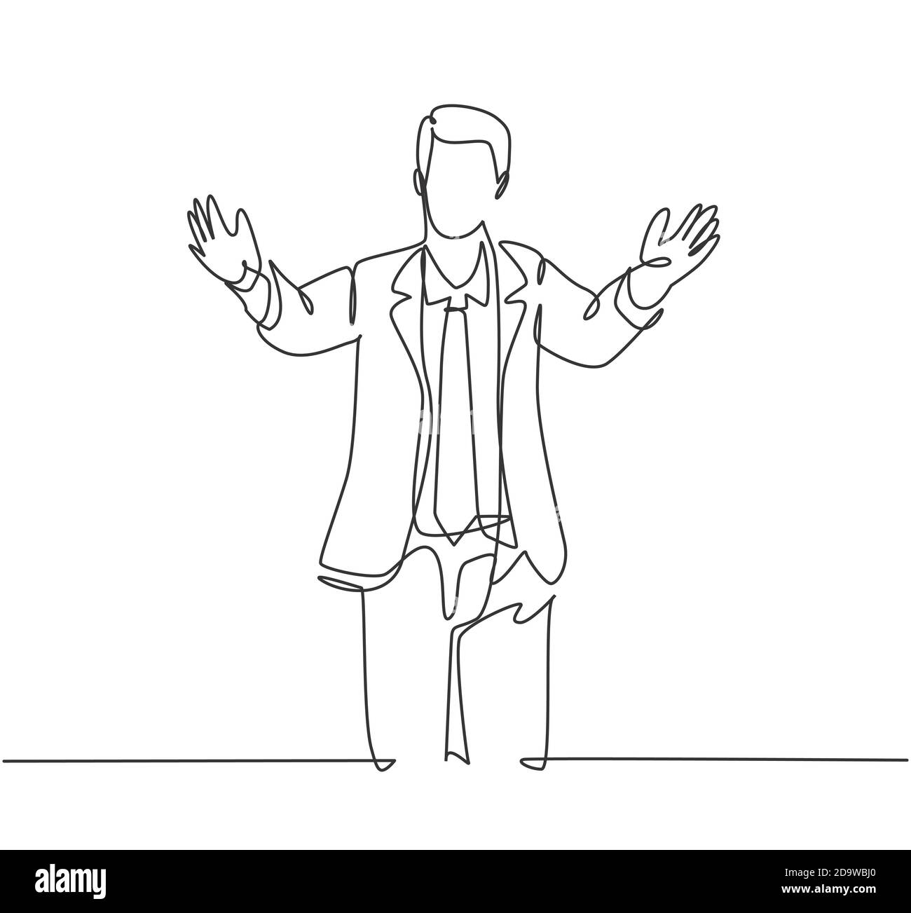 Single continuous line drawing of happy young male worker give ...