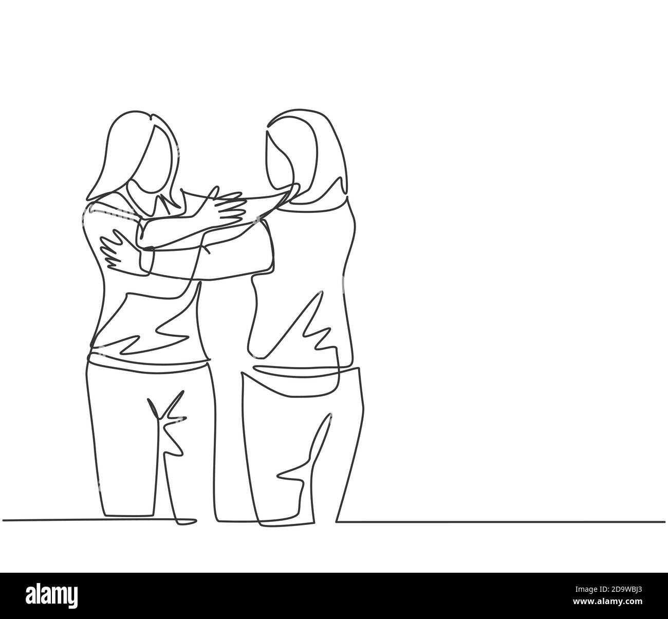 One single line drawing of two young happy businesswoman hugging each ...