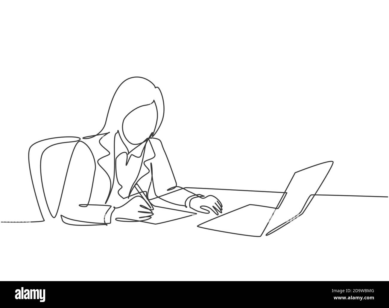 One continuous line drawing of young serious female employee writing ...