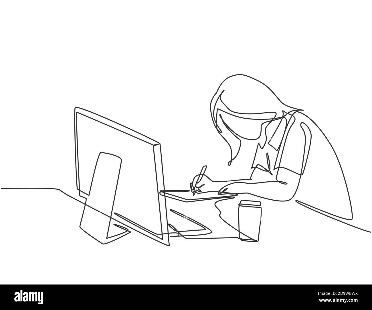 One single line drawing of young pensive female employee works overtime ...