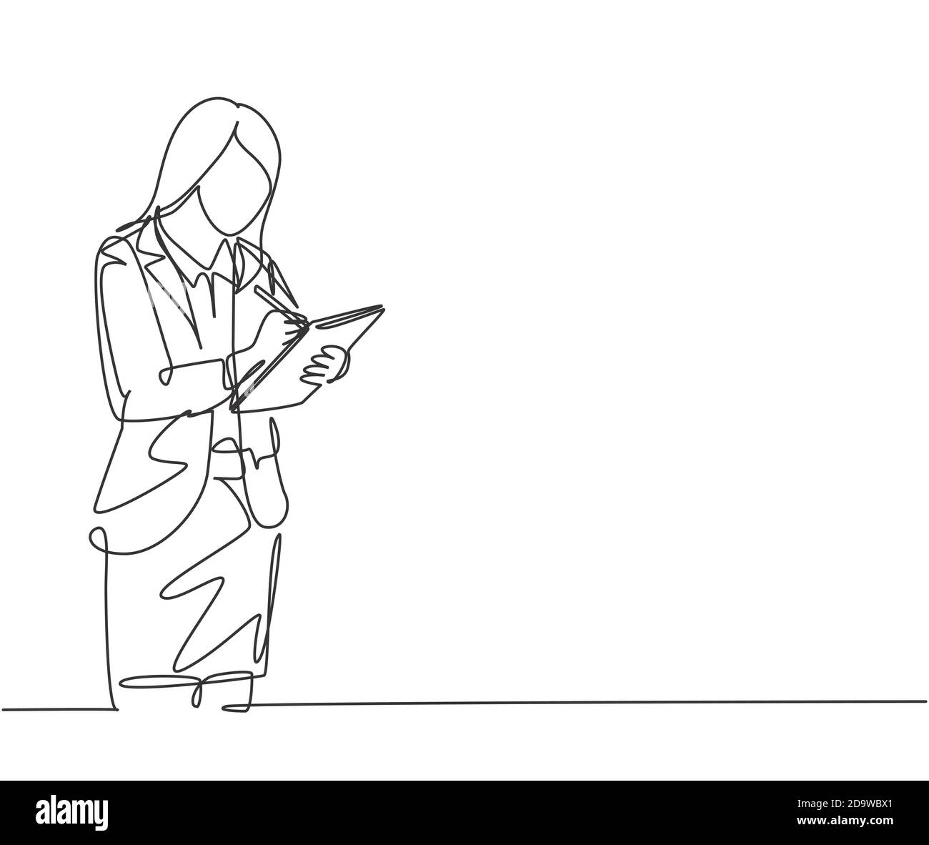 One single line drawing of young happy female business manager holding ...