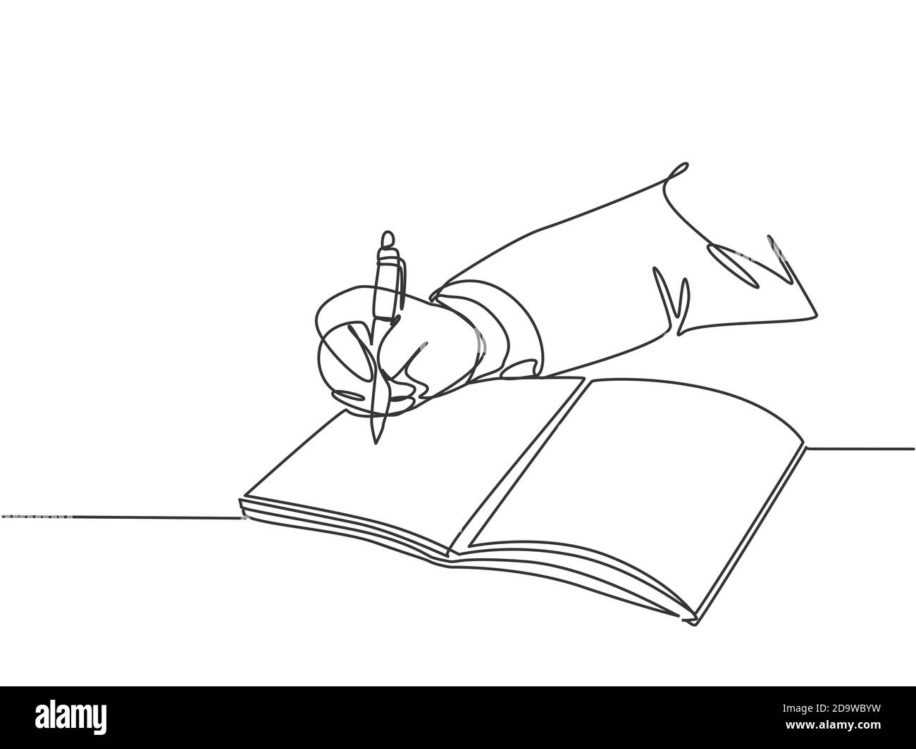 Single Continuous Line Drawing Hand Gesture Writing On An Open Note Book To Write Business Draft