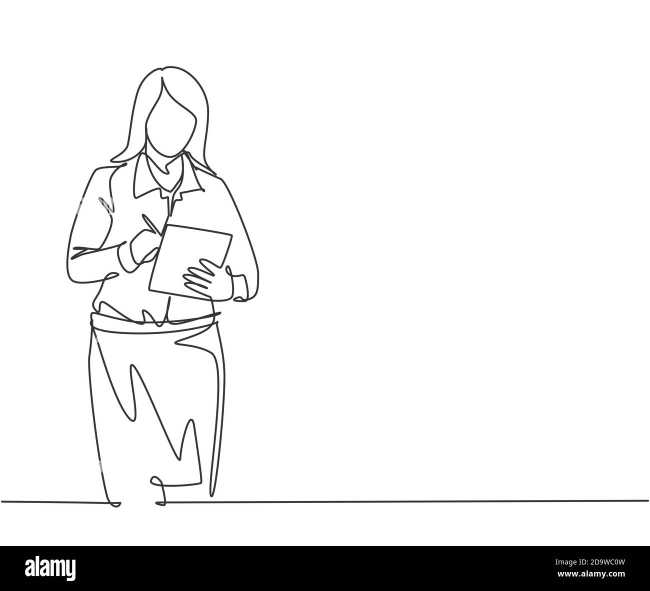 One single line drawing of young pensive female manager standing and ...