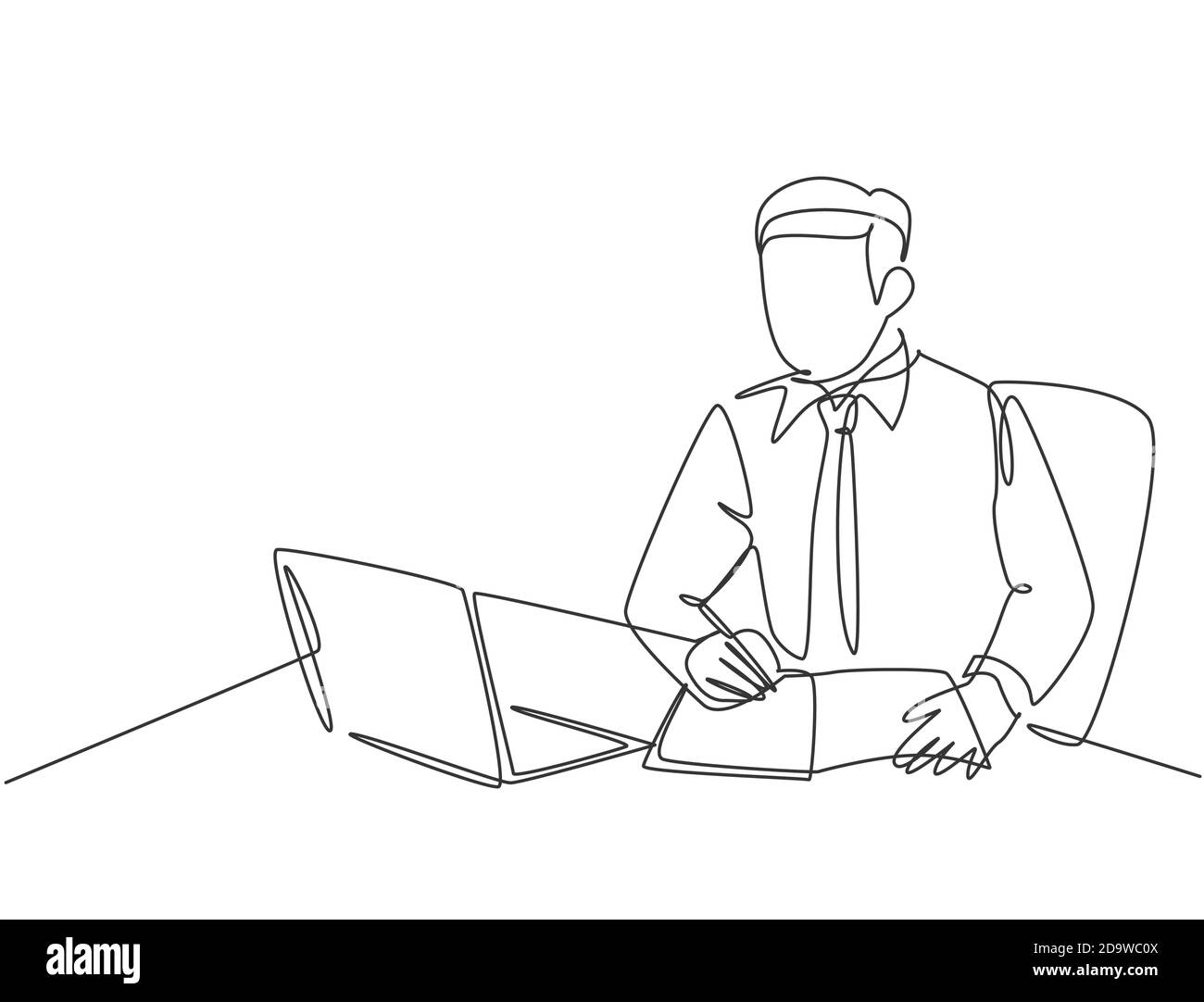 One single line drawing young serious businessman staring at laptop and ...