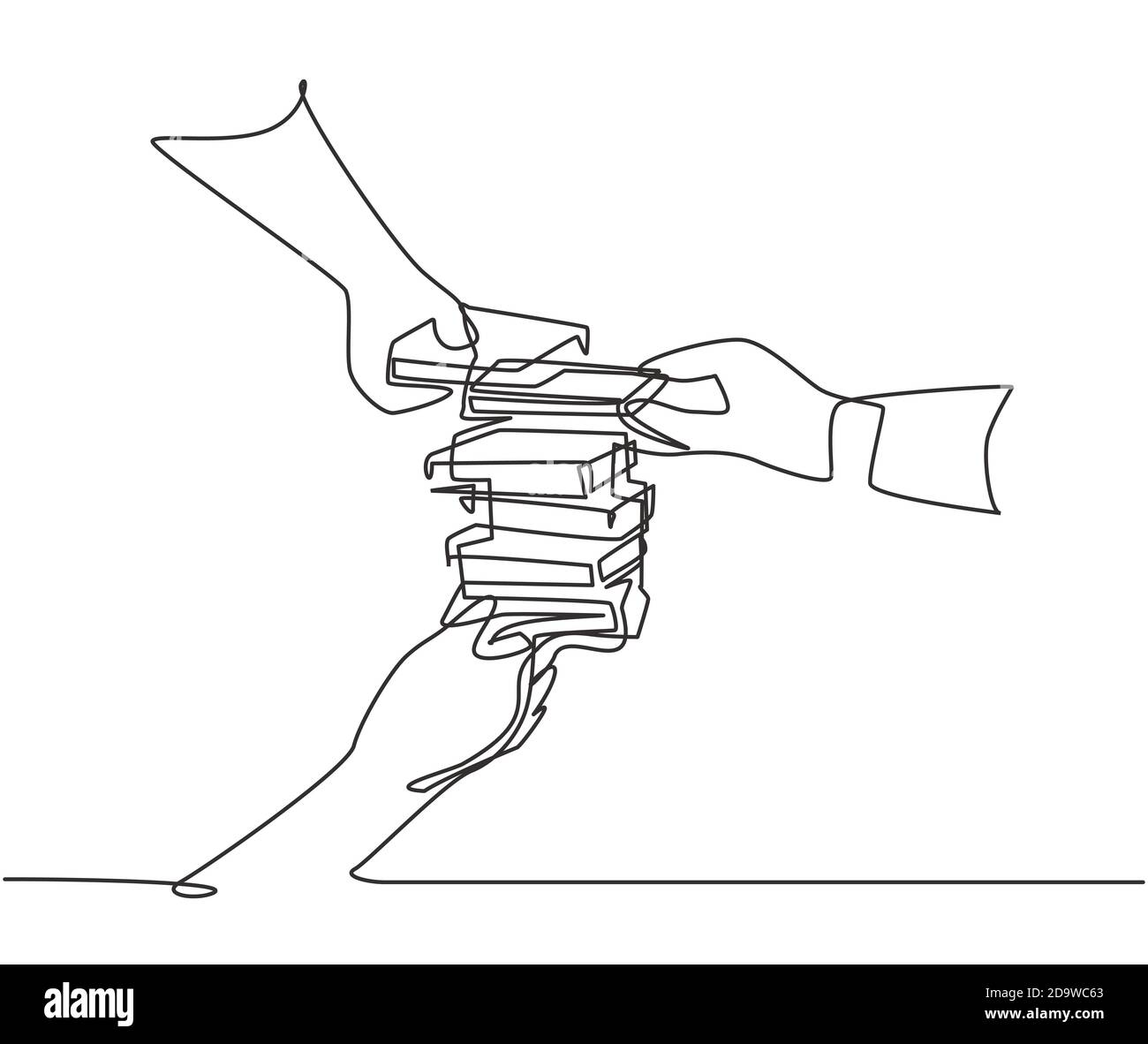 One single line drawing group of happy workers playing wooden balancing ...