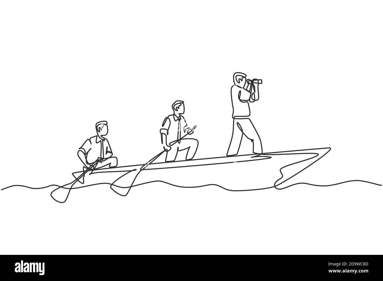 One single line drawing of young male team member take a boat heading ...