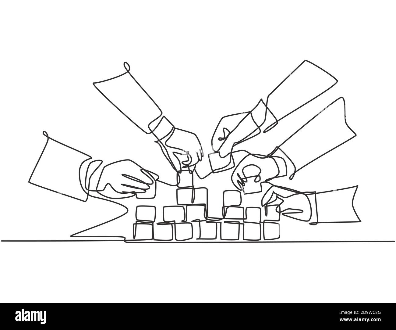 Single continuous line drawing of business team member arrange wooden ...