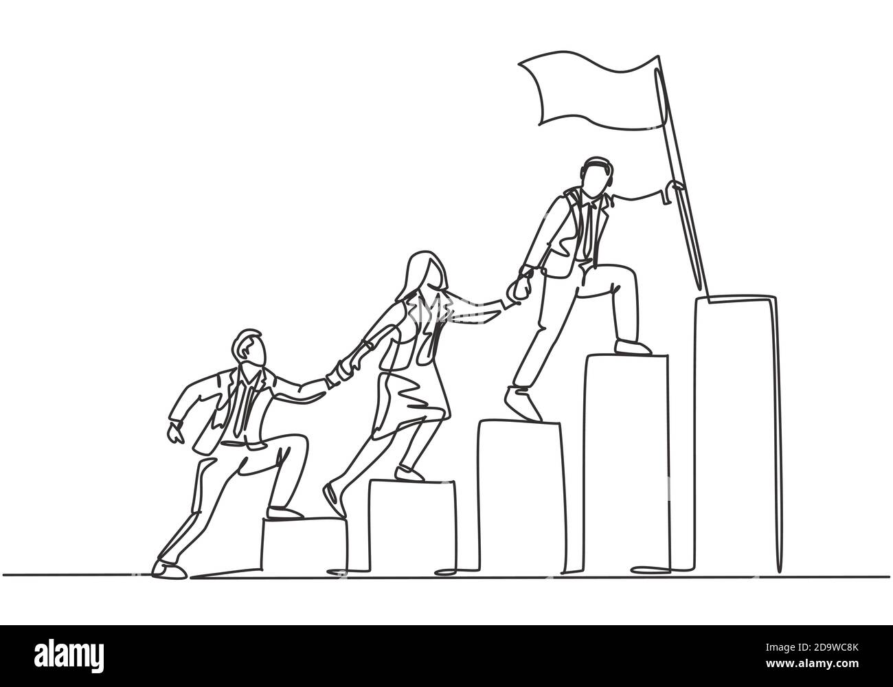 Single continuous line drawing of team members holding hands together ...