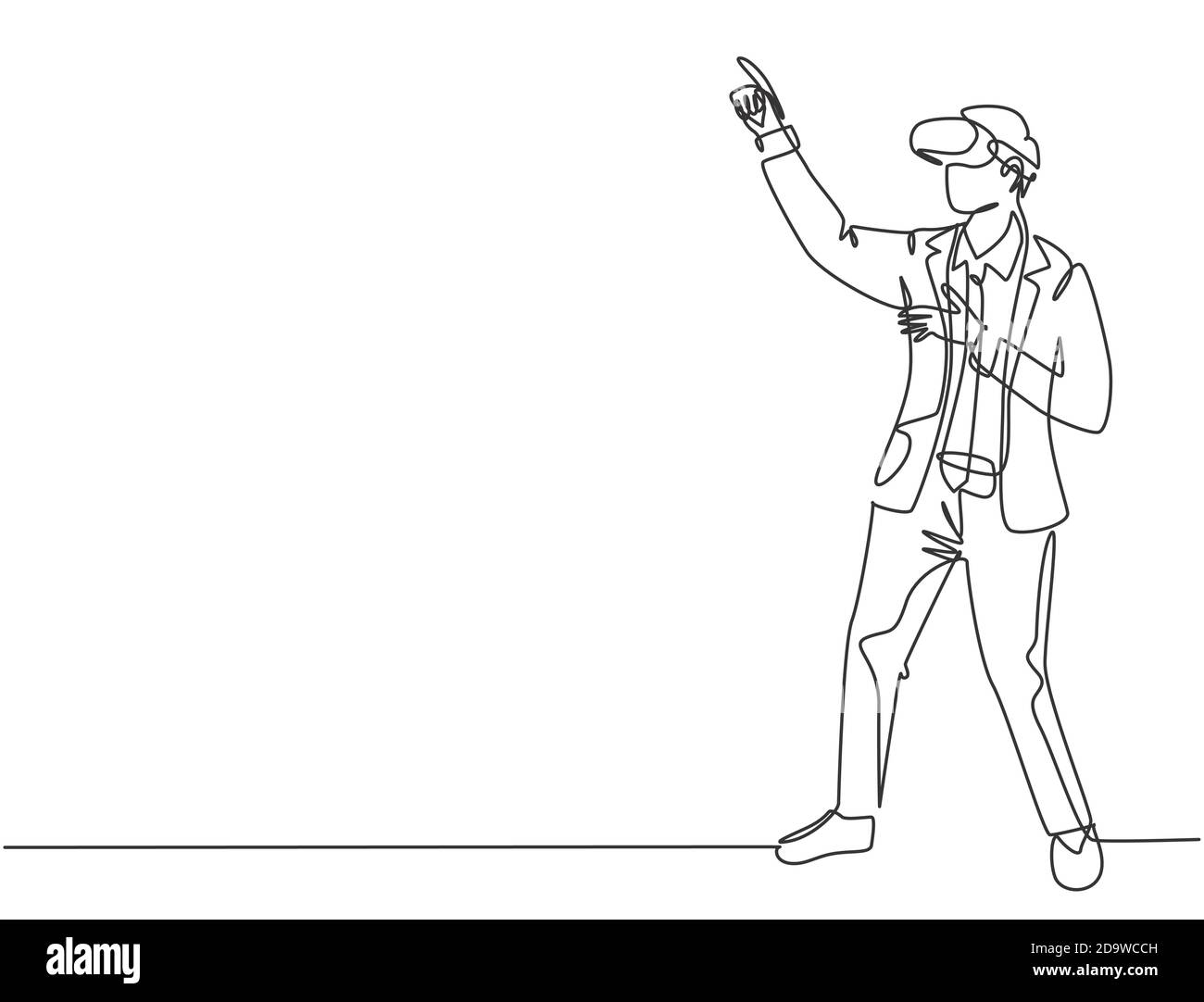 One continuous line drawing young happy businessman simulates to press ...