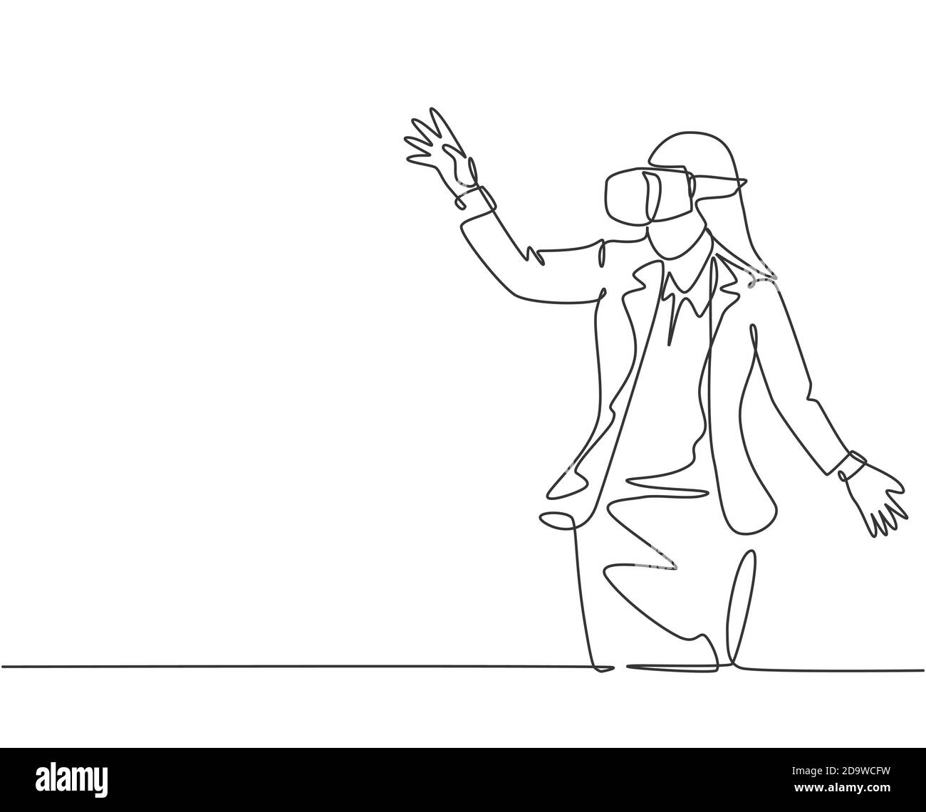 Single continuous line drawing of young happy businesswoman reaching ...