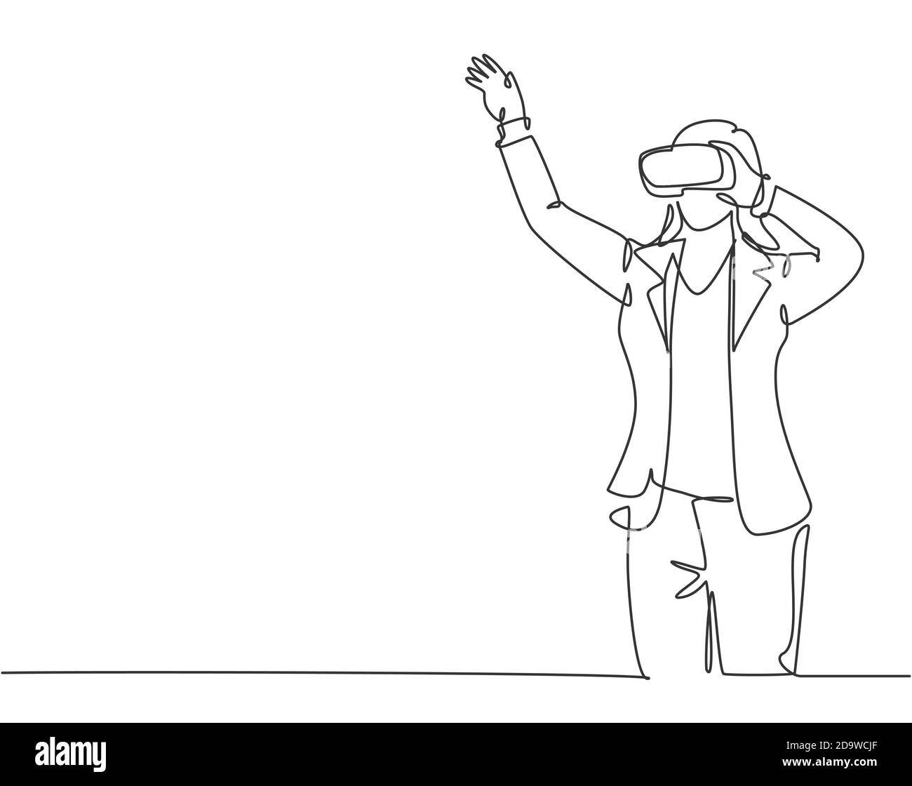 One single line drawing young happy gamer businesswoman wearing virtual ...