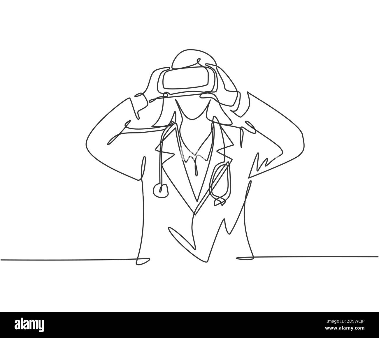 One single line drawing of young happy female doctor looking digital ...