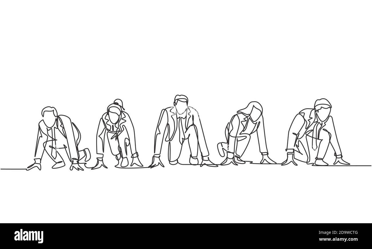 One single line drawing group of businessmen and businesswomen get ...