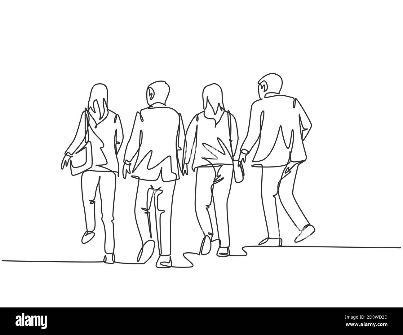 One single line drawing group male and female workers run in rush so as ...