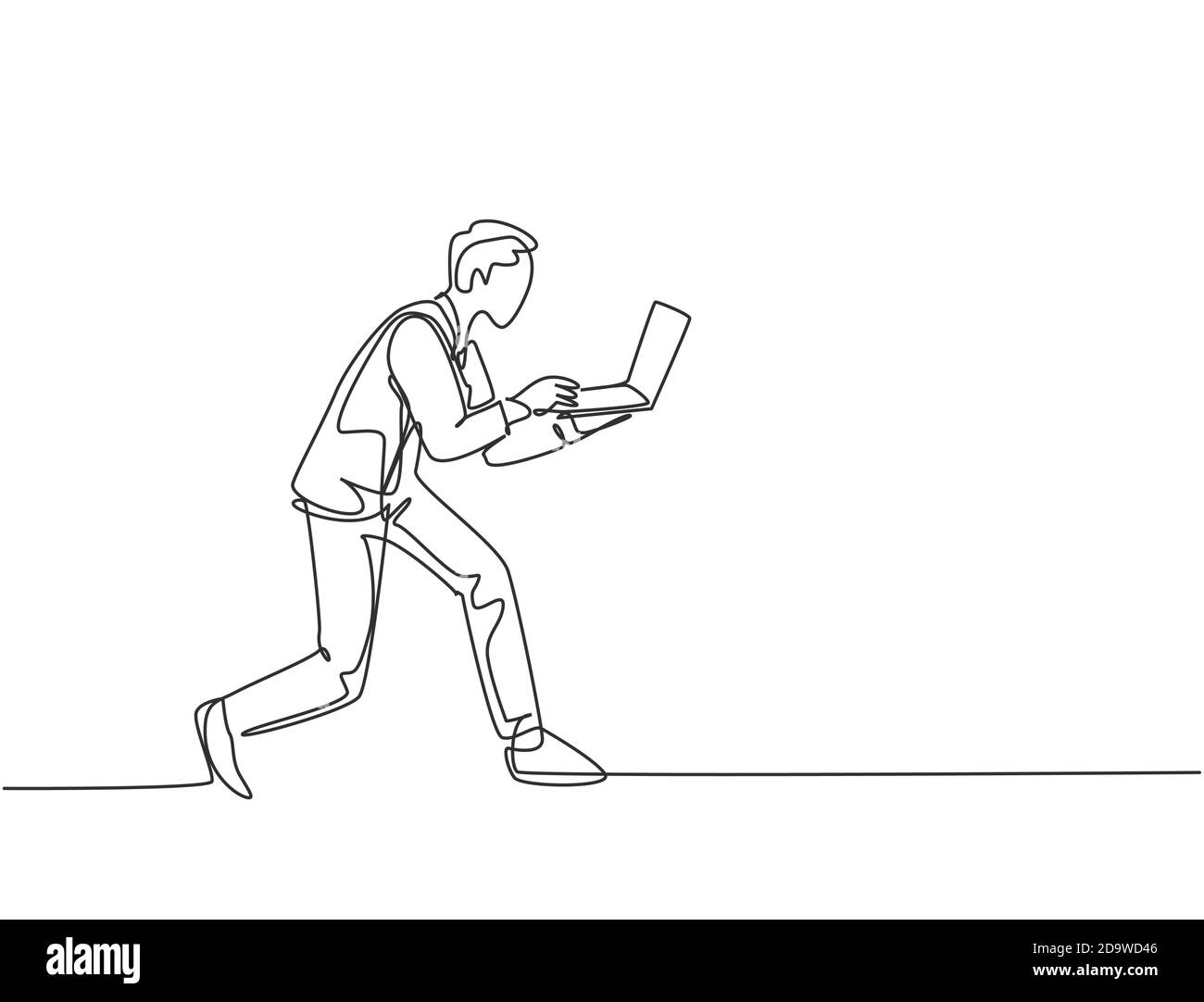 One continuous single line drawing of young rush male worker typing on ...