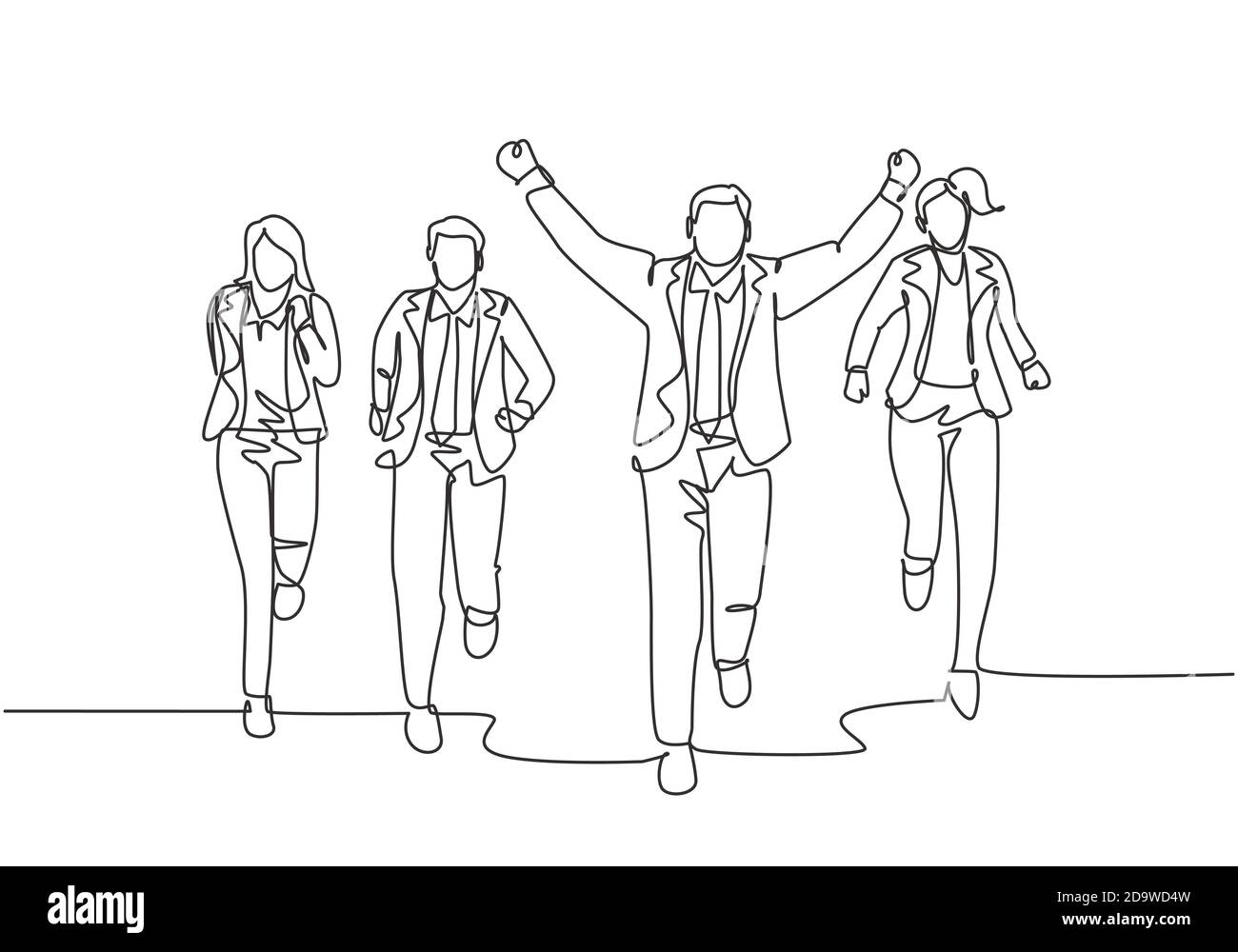 One continuous single line drawing of young happy male manager rise ...