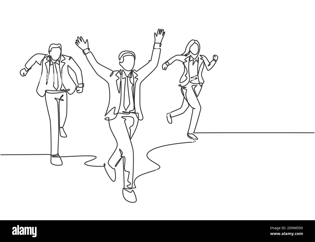 One single line drawing young male female worker happy after winning ...