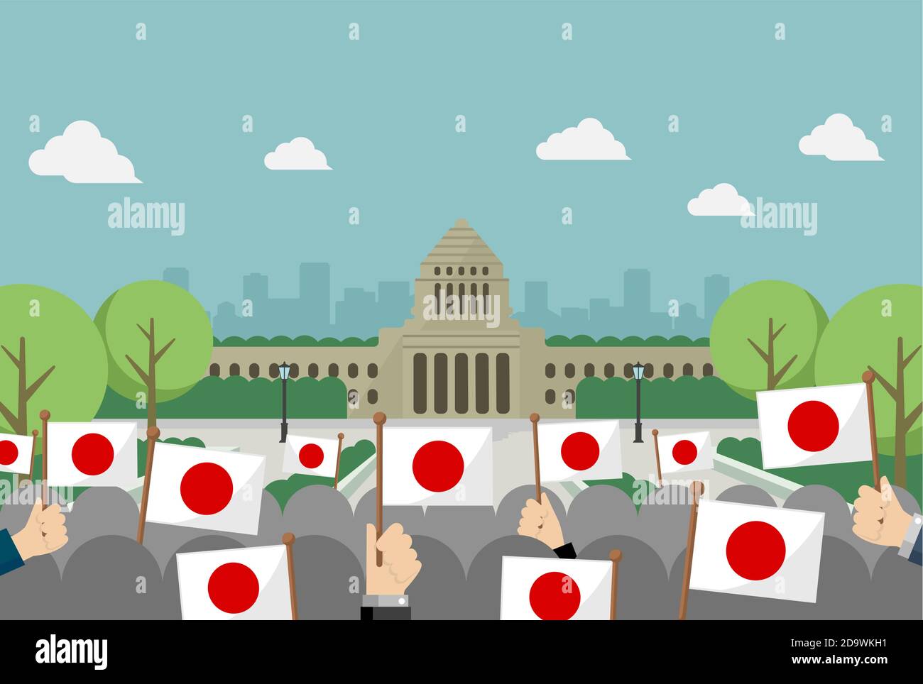 Japanese parliament building and national flags vector banner ...
