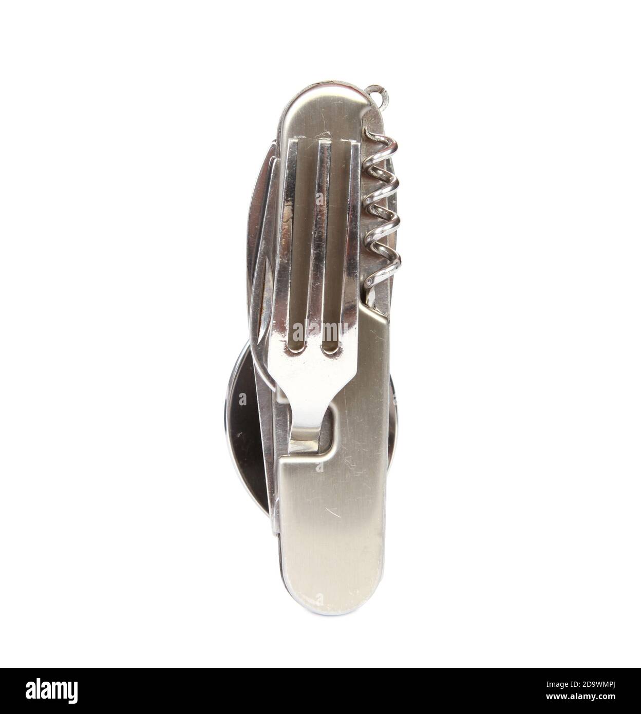 Closeup shot of a swiss utility spoon and fork isolated on white ...