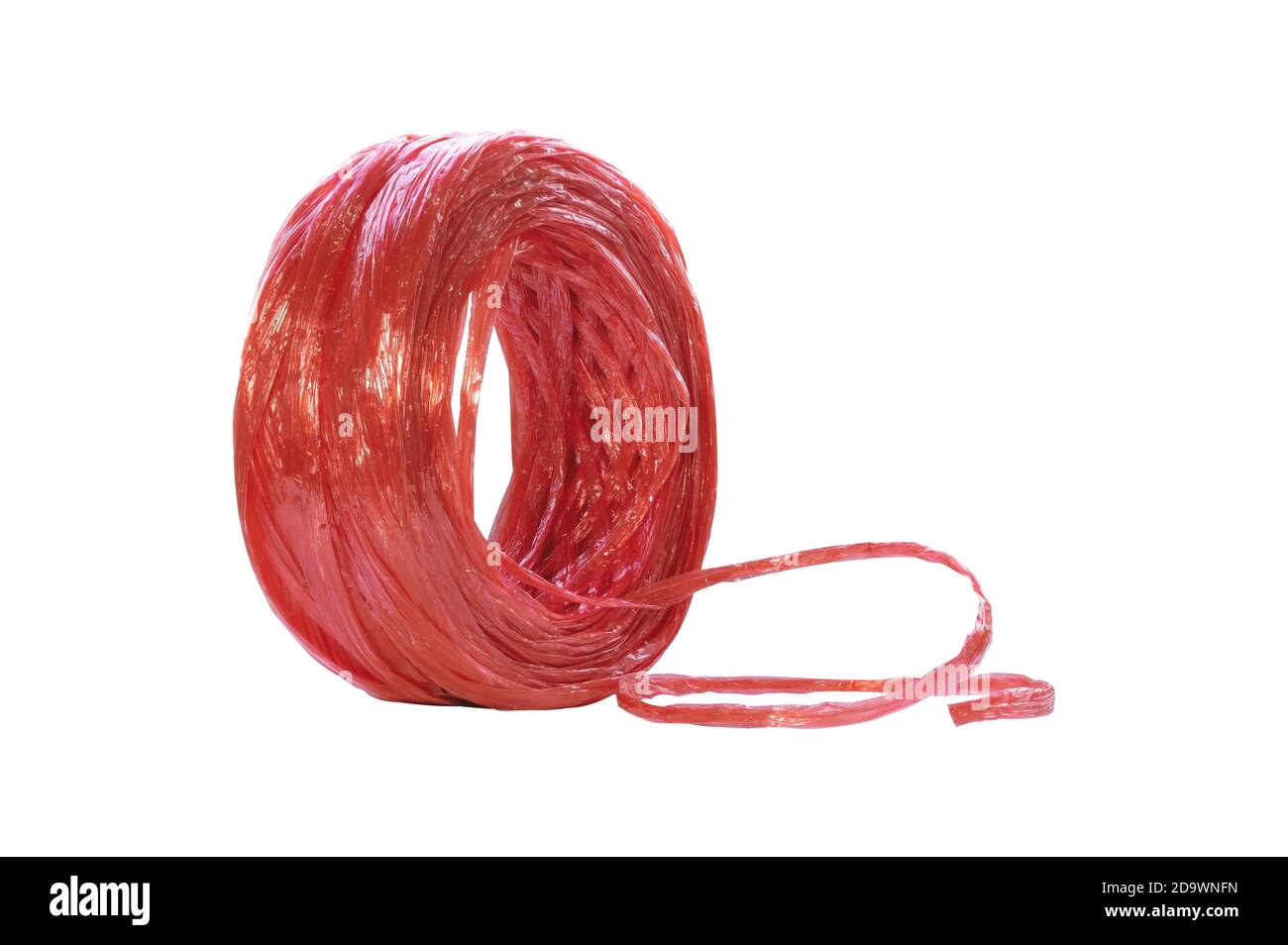 Row of red plastic rope for binding various items isolated on white ...