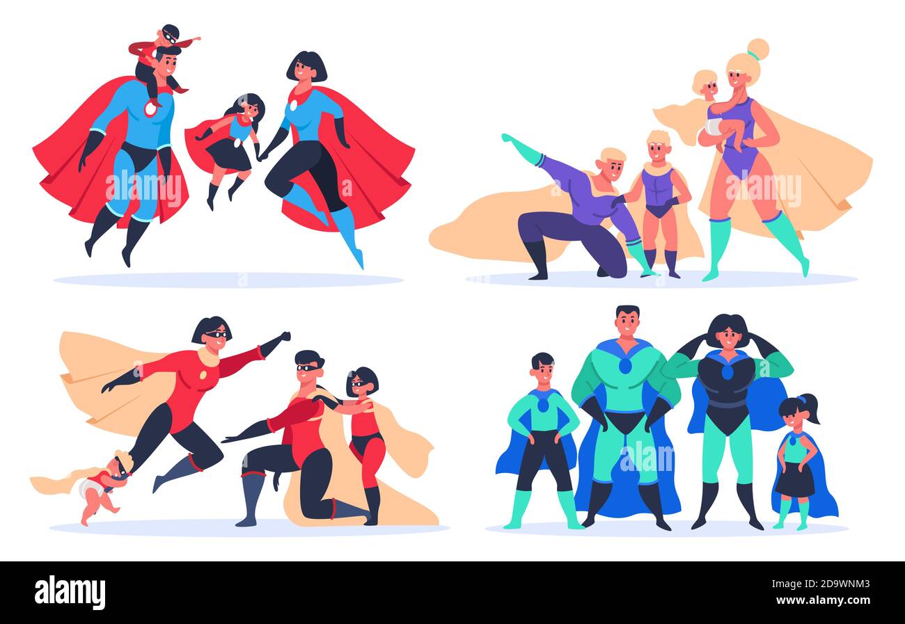 Superhero families. Wonder dad, mom and kids, superheroes characters in ...