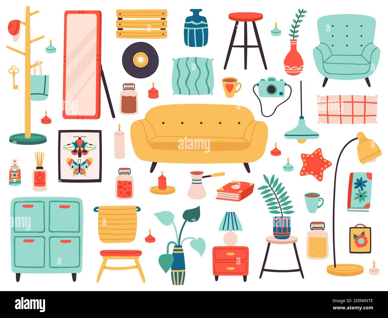 Hygge interior elements. Doodle furniture and comfortable cozy home ...