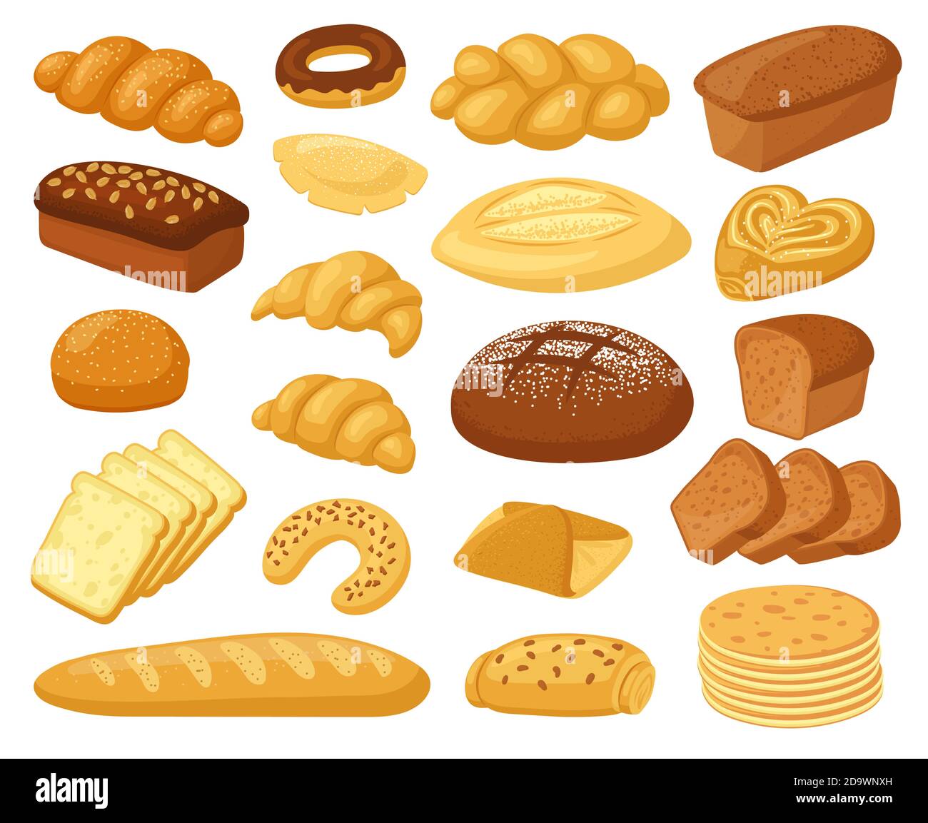 Cartoon Bread Bakery Products Roll Baguette Bread Loaf And Toast