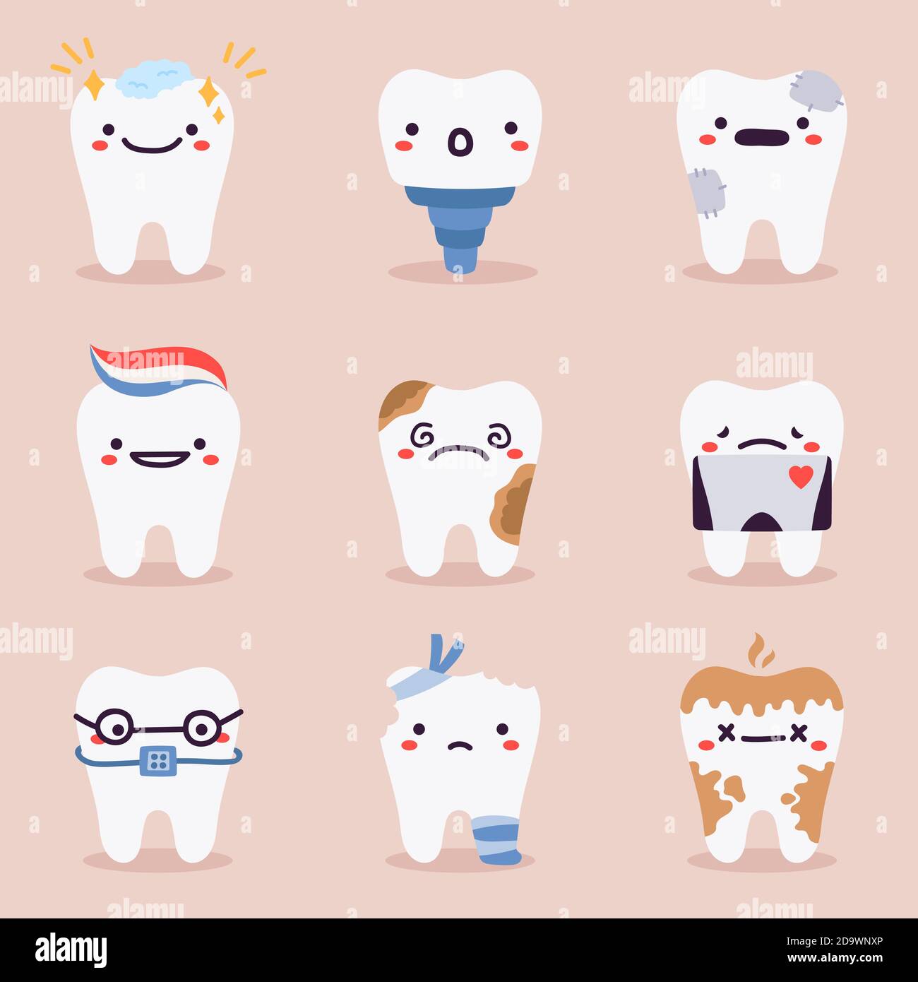 Cute teeth mascots. Dental teeth characters with dentistry problems ...