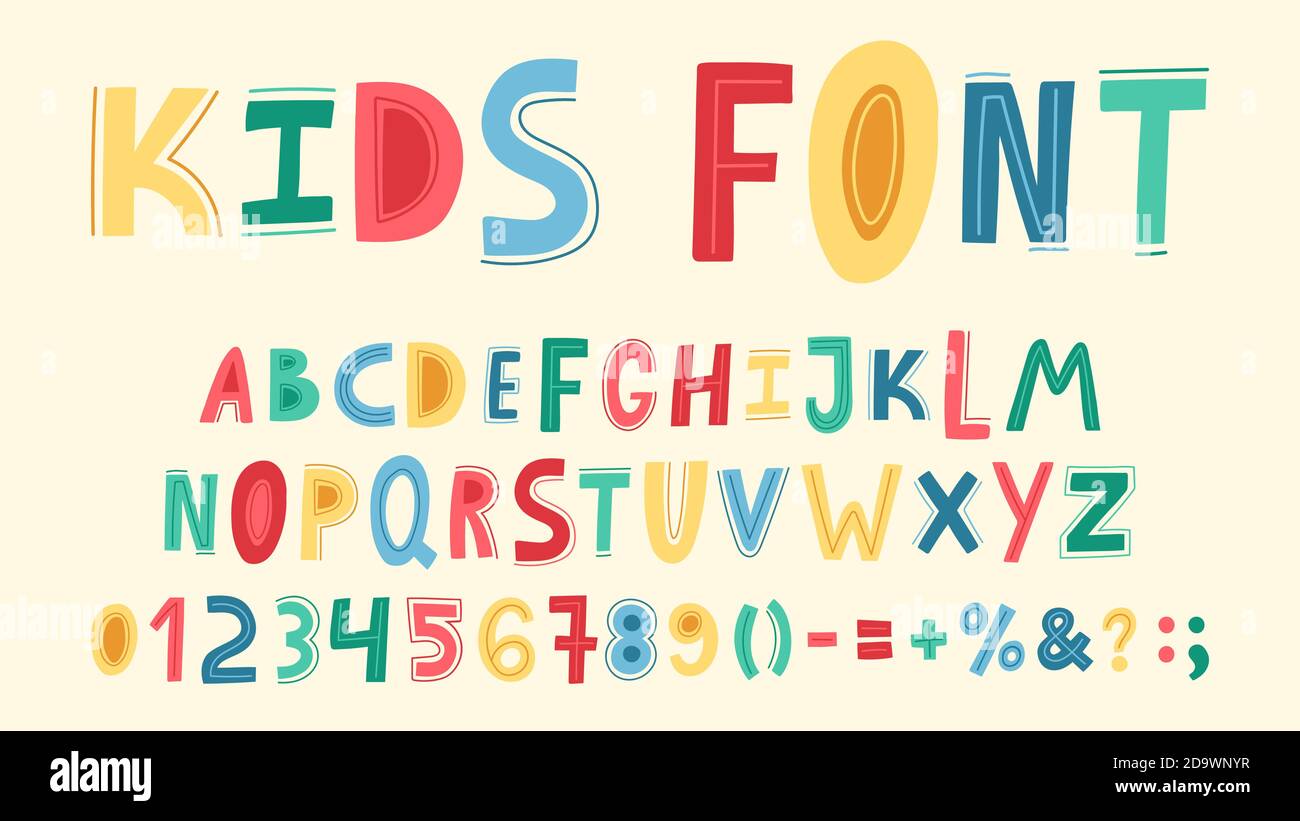 Childish cute alphabet. Hand drawn baby funky ABC, doodle letters ...